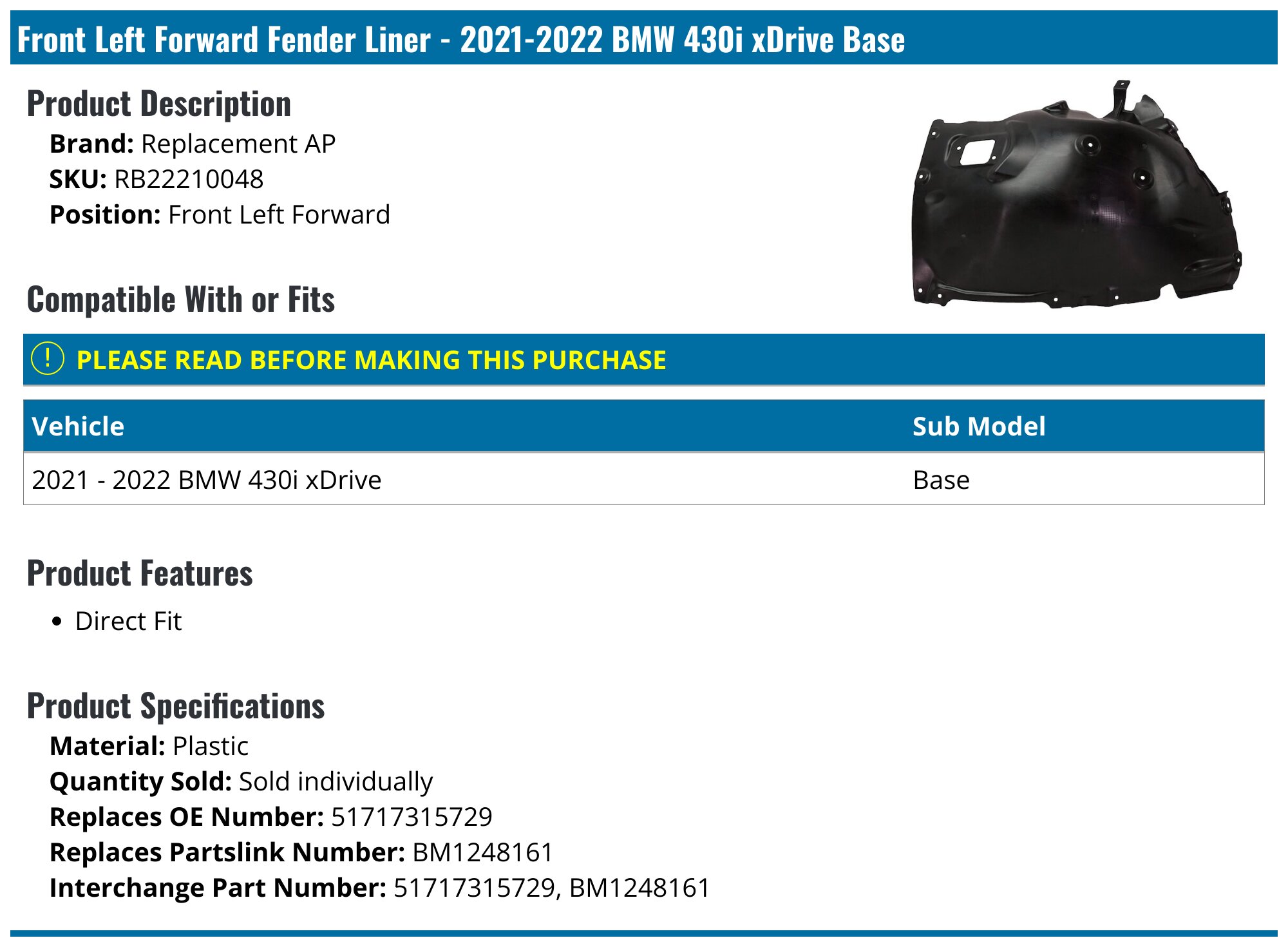 2021-2024 BMW 430i xDrive Fender Liner - Replacement AP RB22210048 ...