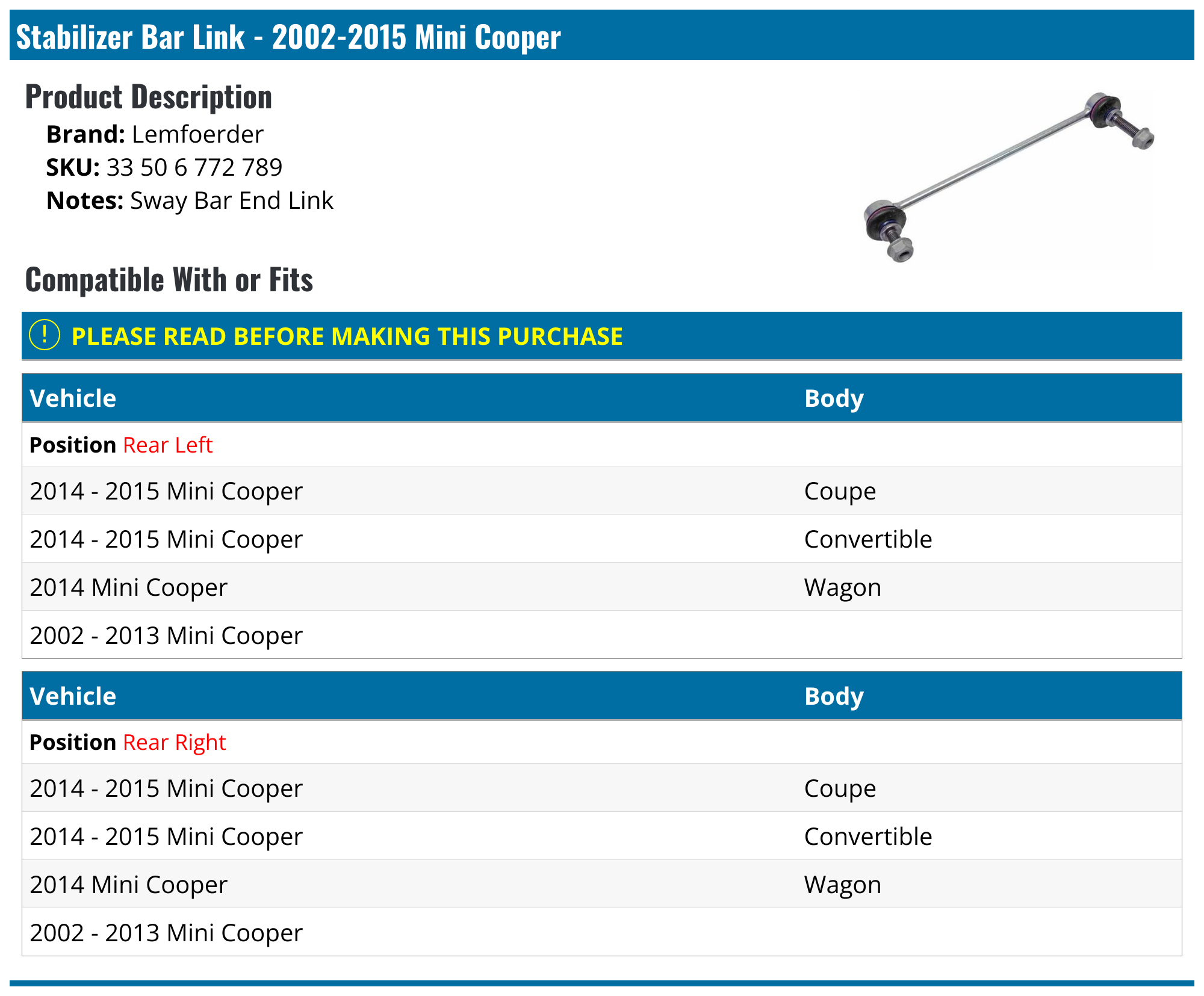 2002-2015 Mini Cooper Sway Bar Link - Lemfoerder 33 50 6 772 789 - Rear ...