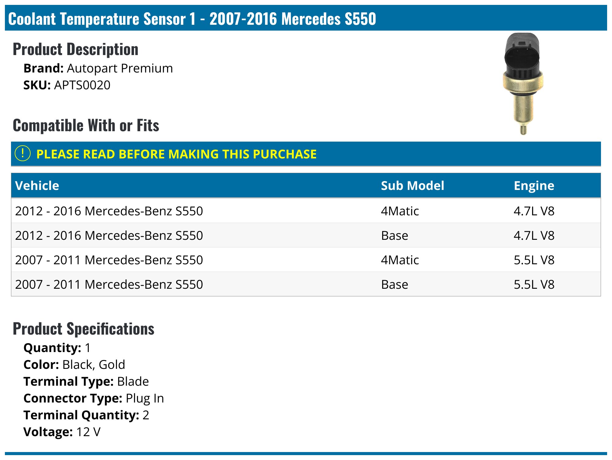 2007-2016 Mercedes S550 Engine Coolant Temperature Sensor - Autopart ...