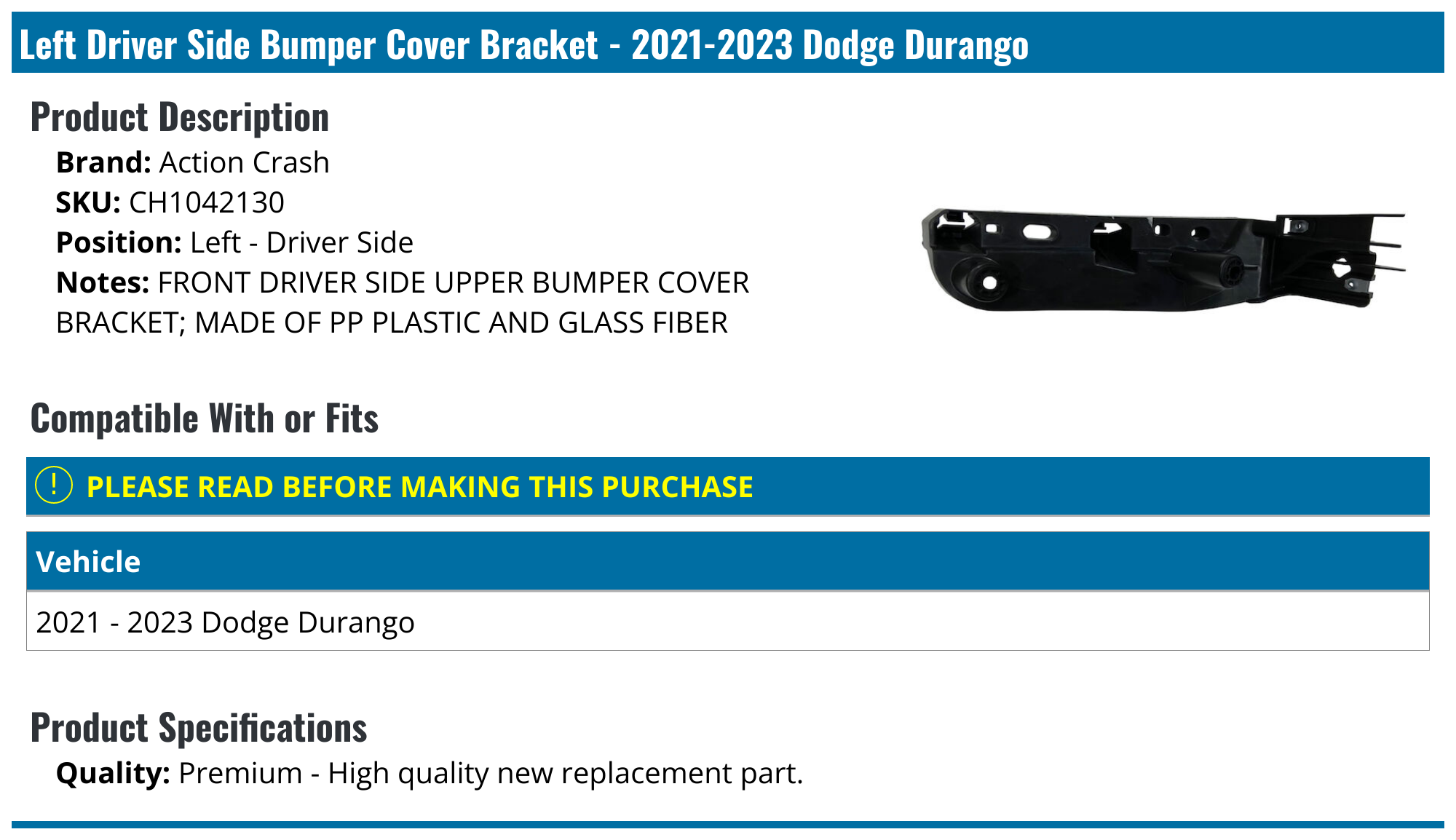 2021-2025 Dodge Durango Bumper Cover Bracket - Action Crash CH1042130 ...