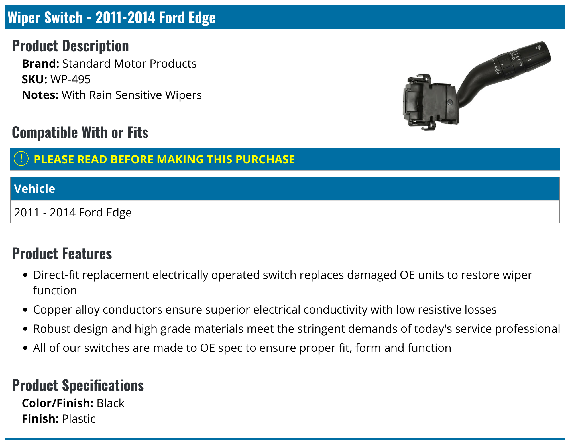 2011-2014 Ford Edge Wiper Switch - Standard Motor Products WP-495 ...