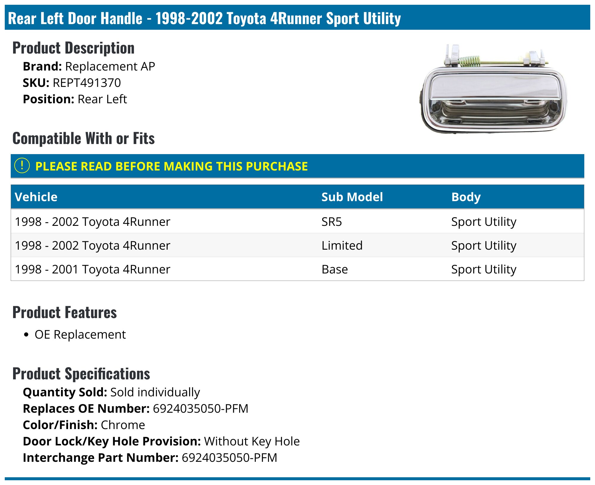 1998-2002 Toyota 4Runner Door Handle - Replacement AP REPT491370 - Rear ...