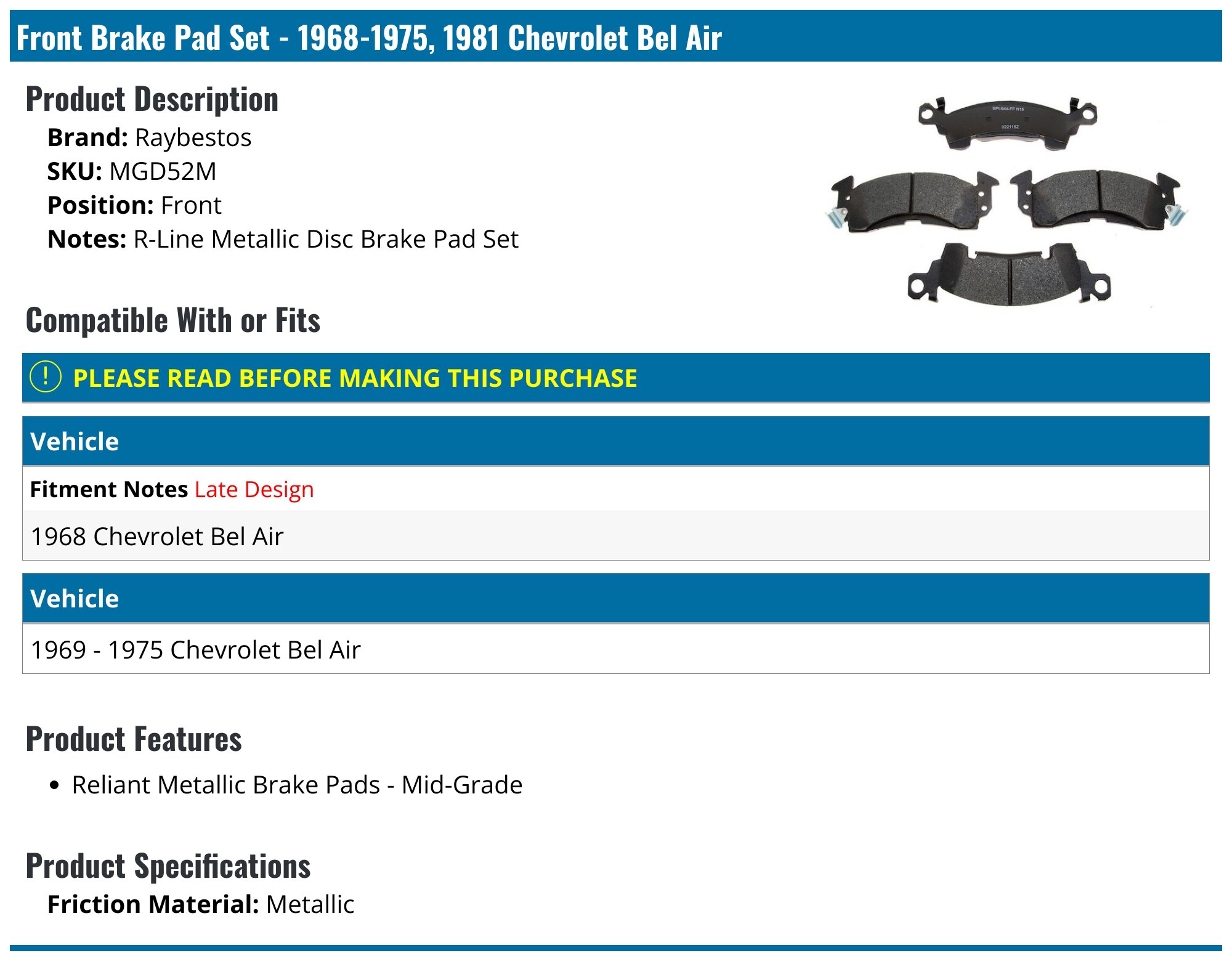 1968-1975, 1981 Chevrolet Bel Air Brake Pad Set - Raybestos MGD52M ...