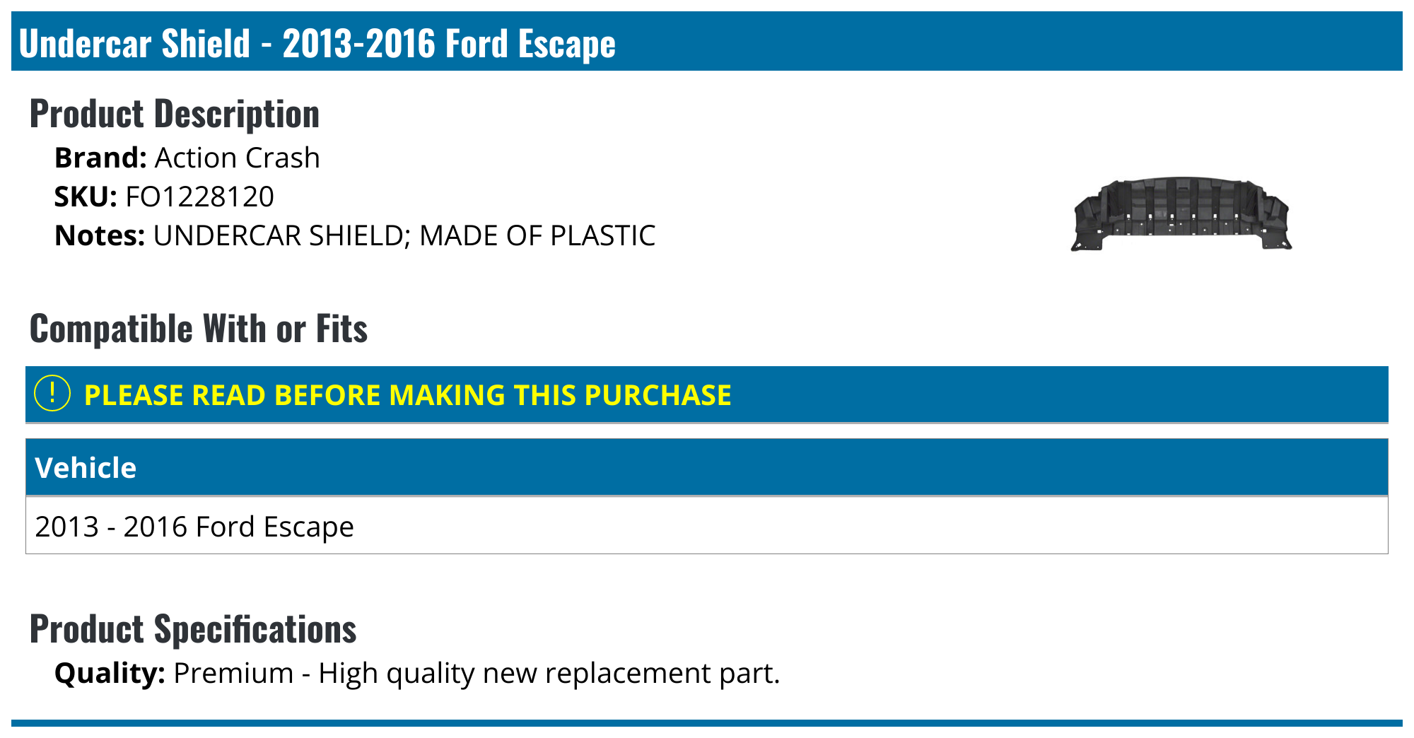 2013-2016 Ford Escape Lower Engine Cover - Action Crash FO1228120 ...