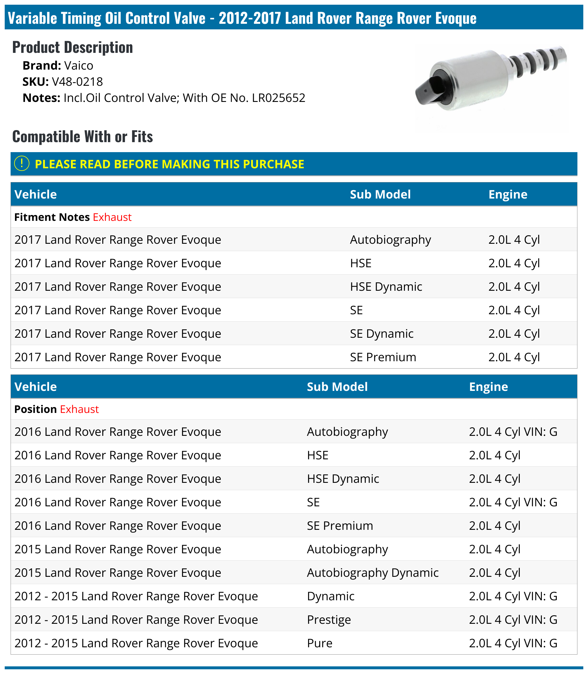 2012-2017 Land Rover Range Rover Evoque Variable Timing Oil Control ...