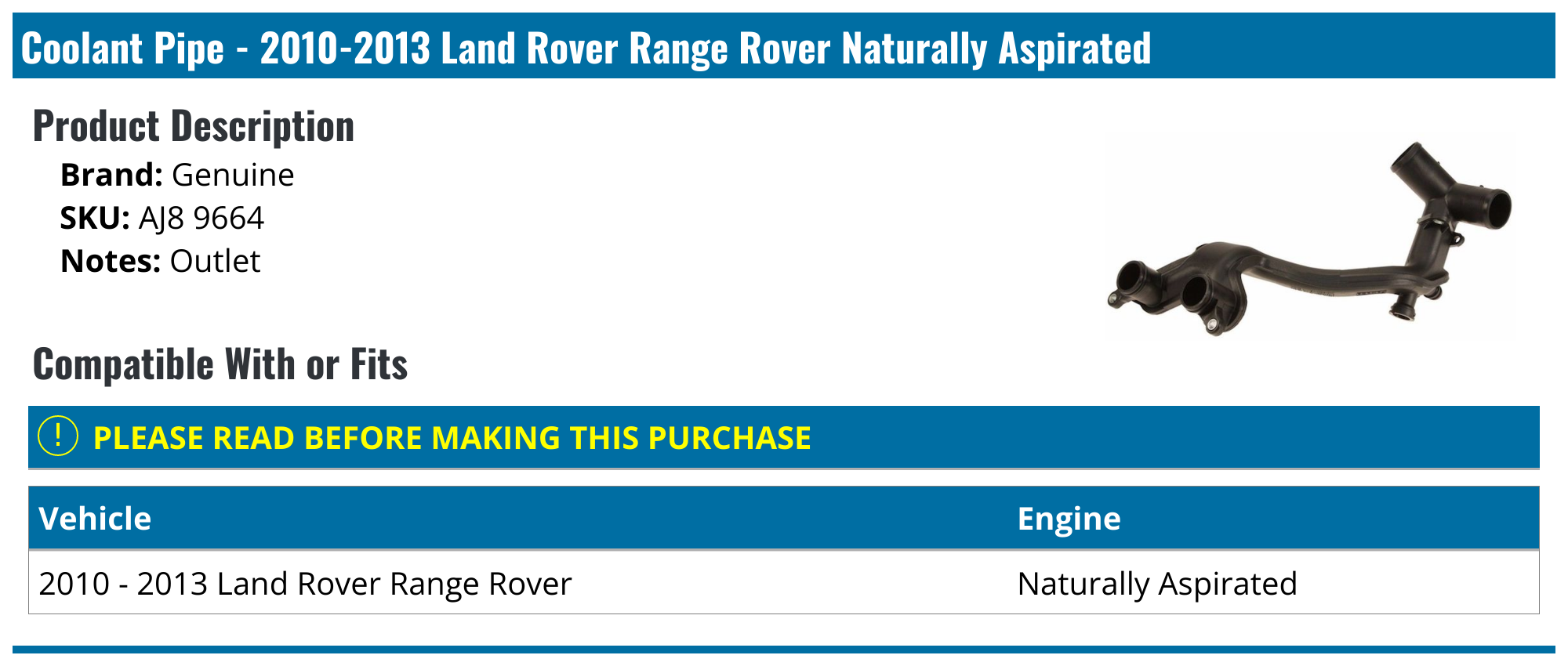 2010-2013 Land Rover Range Rover Coolant Pipe - Genuine AJ8 9664 ...