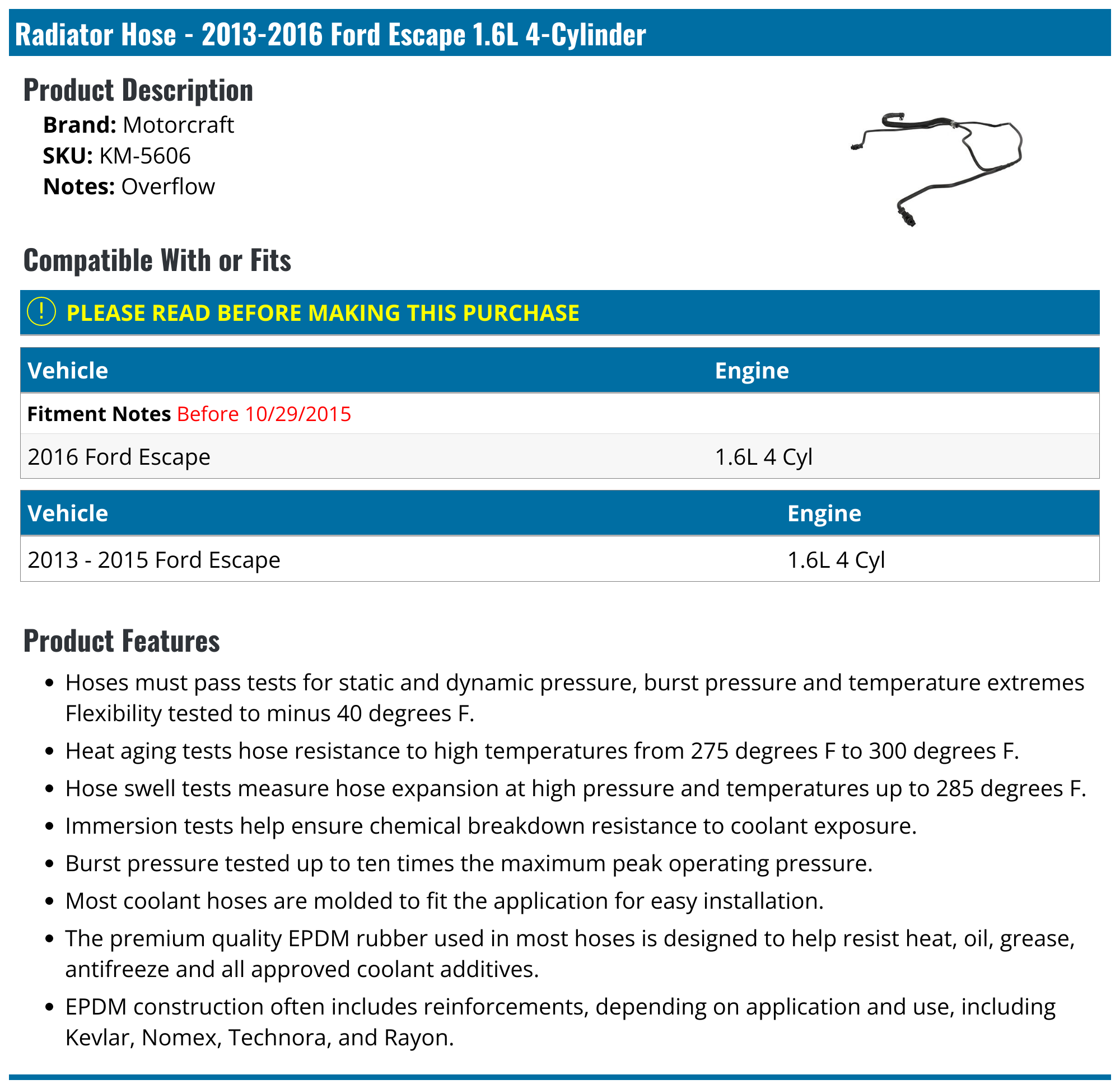 2013-2016 Ford Escape Radiator Hose - Motorcraft KM-5606 - PartsGeek.com