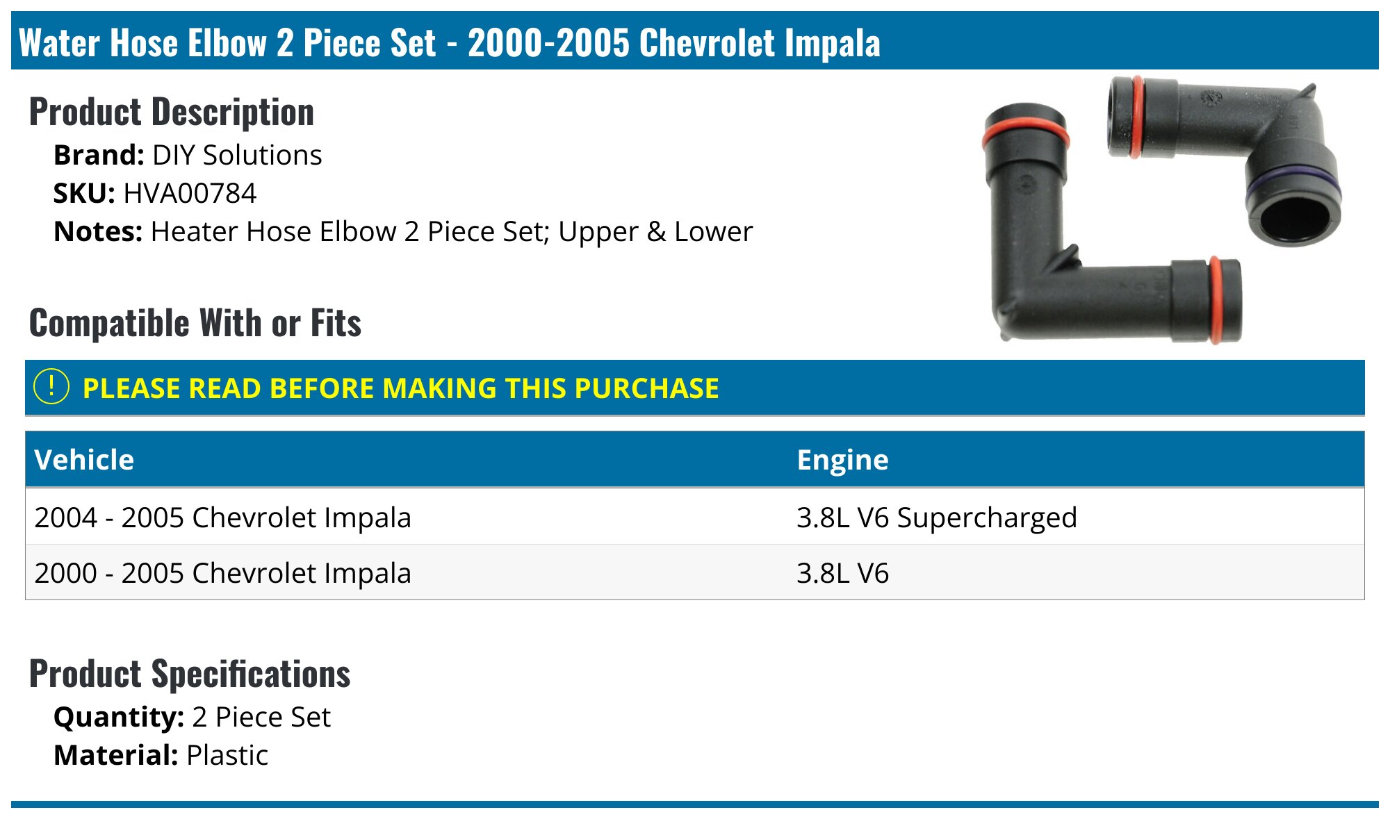 2000-2005 Chevrolet Impala Water Hose Elbow - DIY Solutions HVA00784 ...
