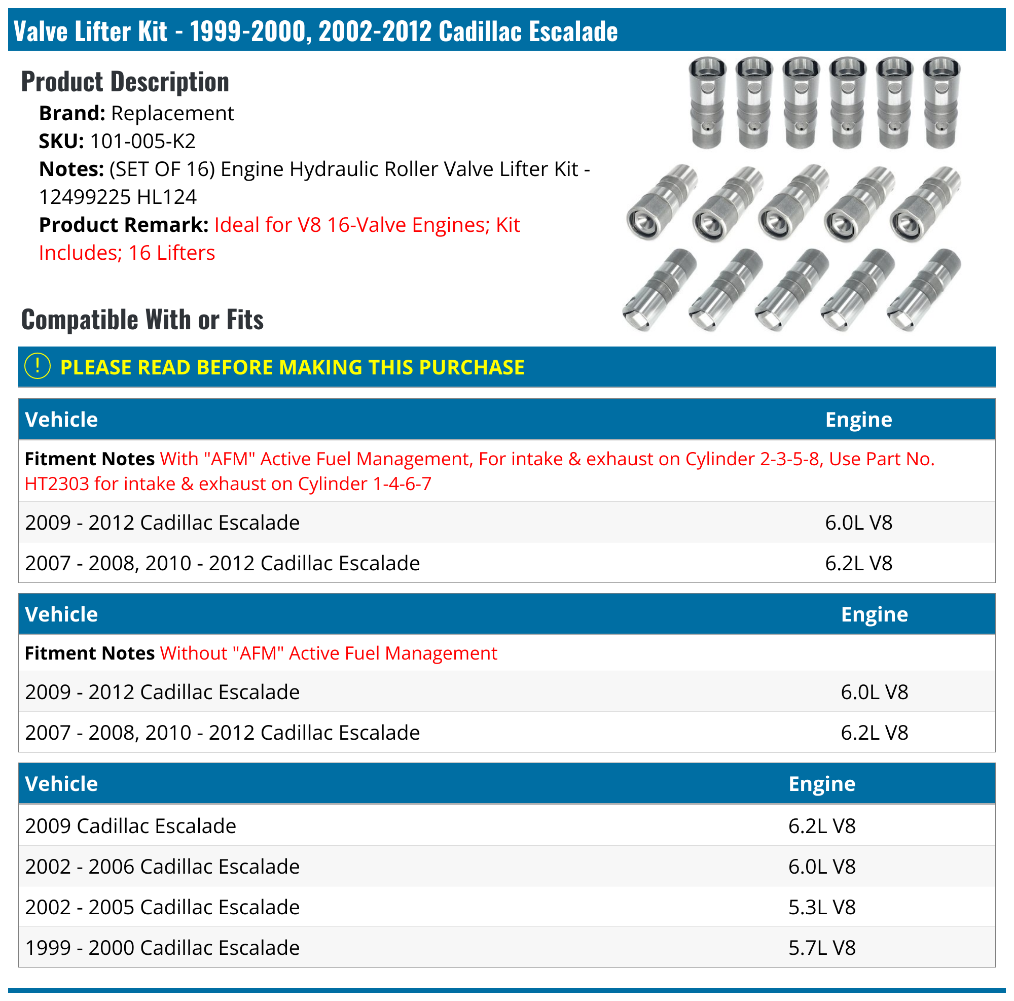 1999-2000, 2002-2012 Cadillac Escalade Valve Lifter - Replacement 101 ...