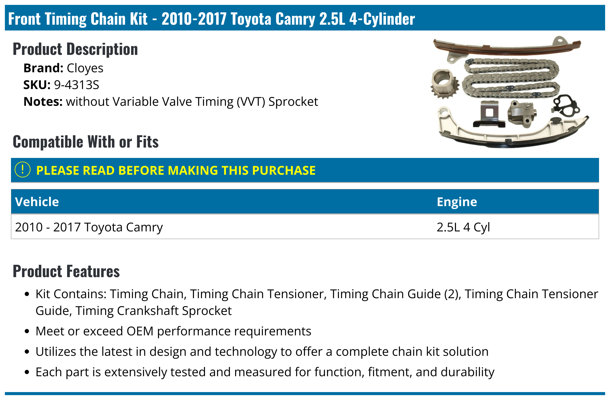 2010-2017 Toyota Camry Timing Chain - Cloyes 9-4313S - PartsGeek.com