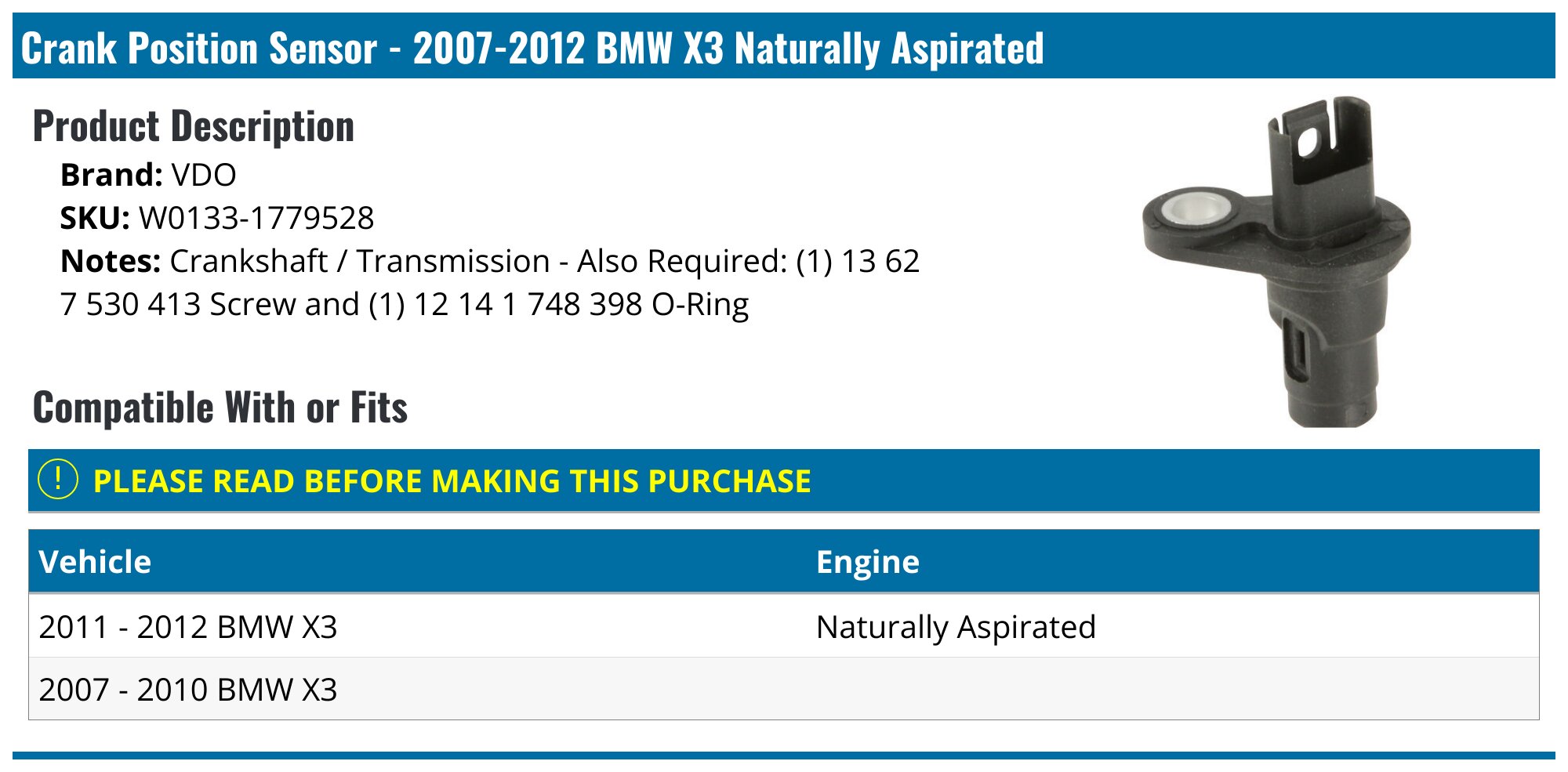 2007-2012 BMW X3 Crank Position Sensor - VDO W0133-1779528 - PartsGeek.com