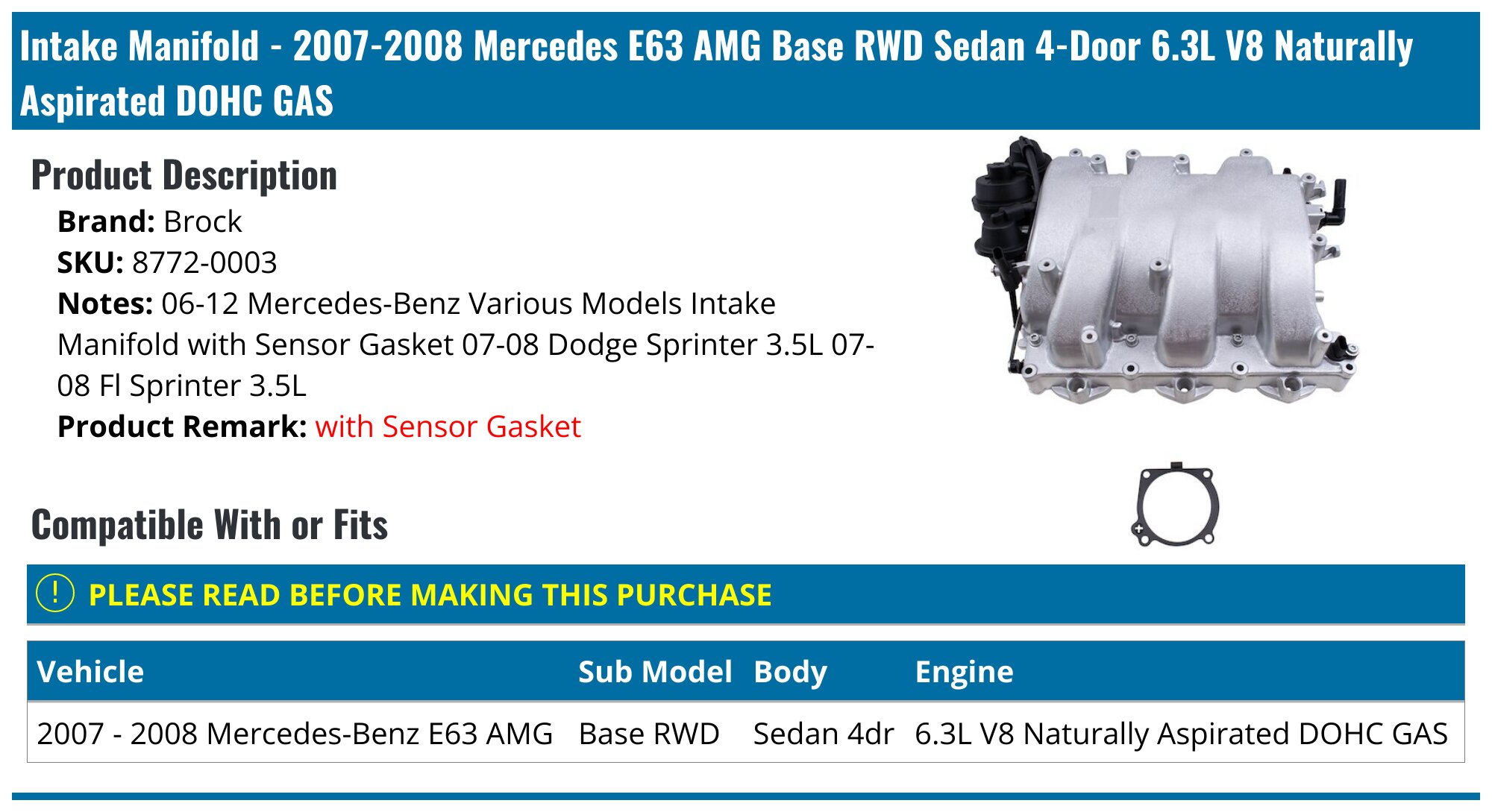 2007-2008 Mercedes E63 AMG Intake Manifold - Brock 8772-0003 ...