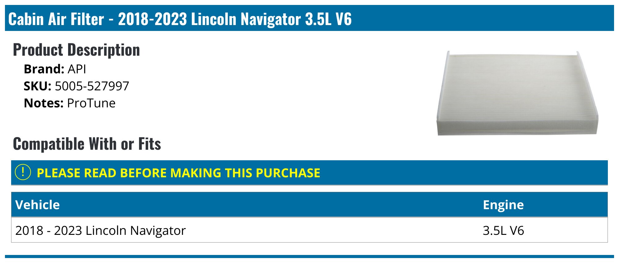 2018-2024 Lincoln Navigator Cabin Air Filter - API 143513-07941211 ...