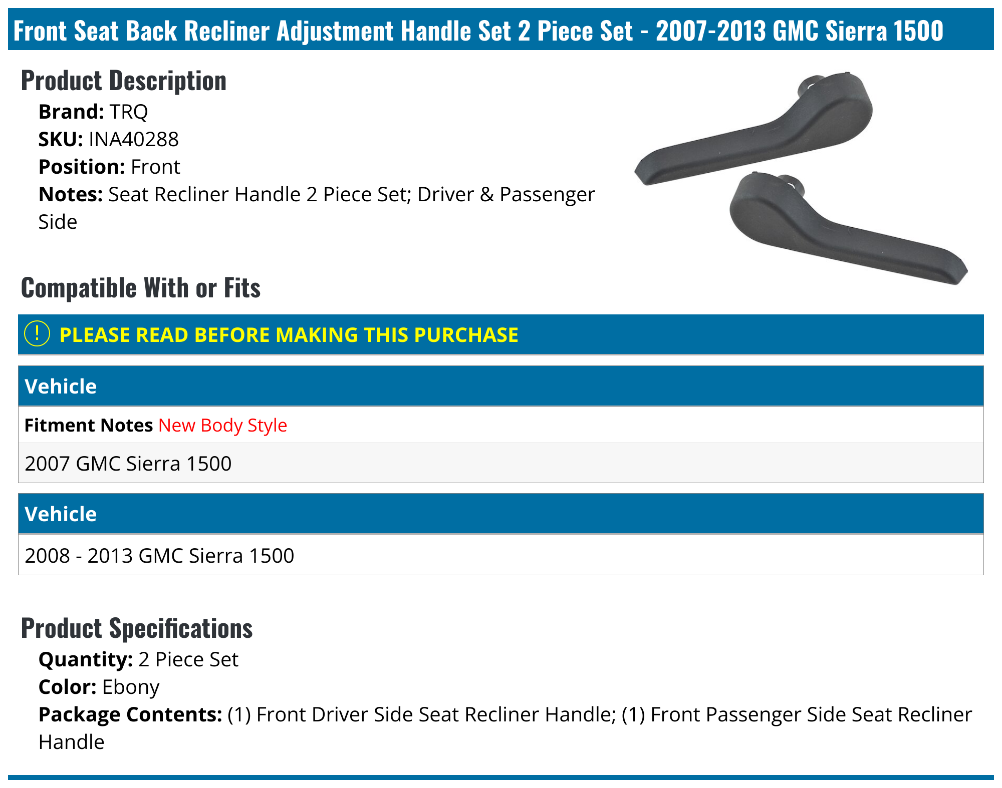 2007-2013 GMC Sierra 1500 Seat Back Recliner Adjustment Handle - TRQ ...