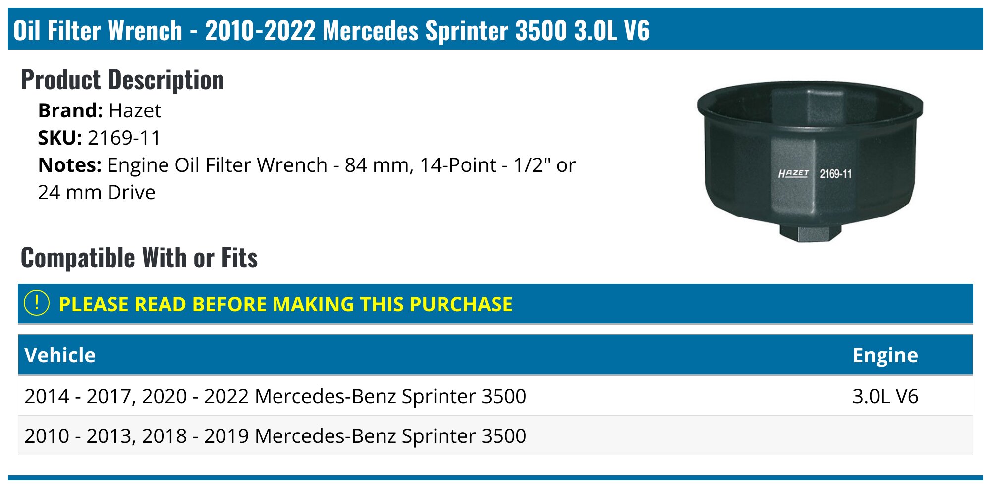 2010-2022 Mercedes Sprinter 3500 Oil Filter Wrench - Hazet 2169-11 ...