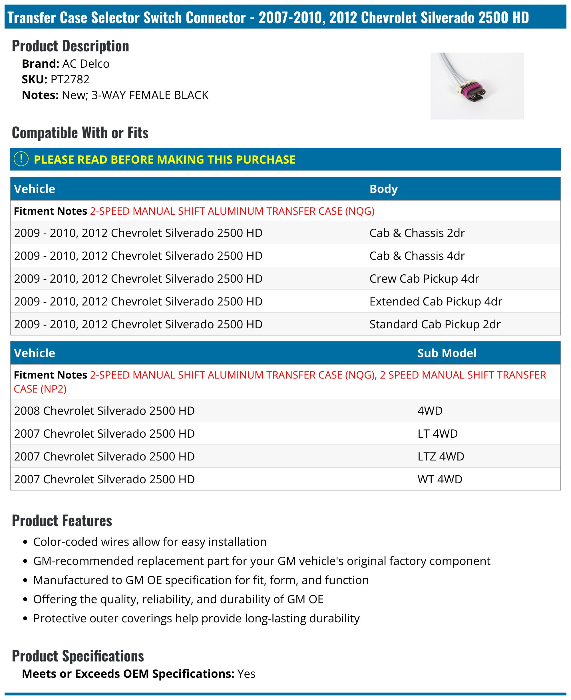 2007-2010, 2012 Chevrolet Silverado 2500 HD Transfer Case Selector ...