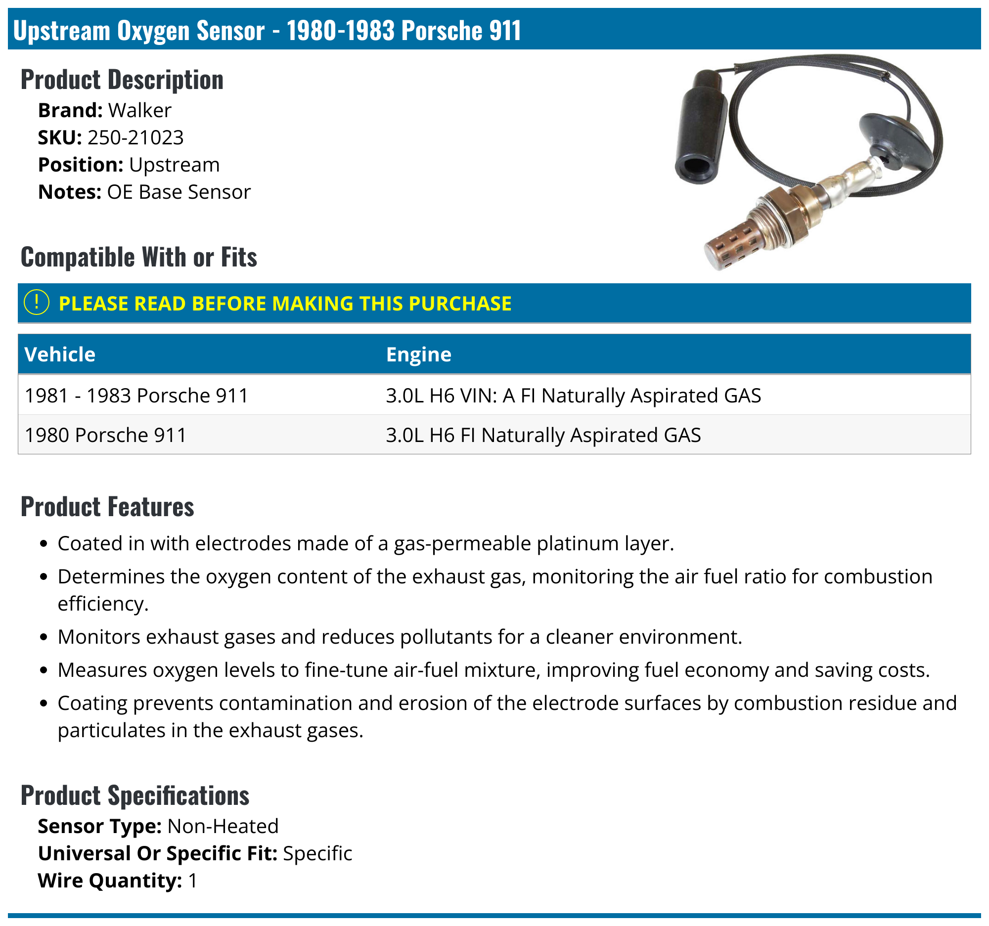 1980-1983 Porsche 911 Oxygen Sensor - Walker 250-21023 - Upstream ...