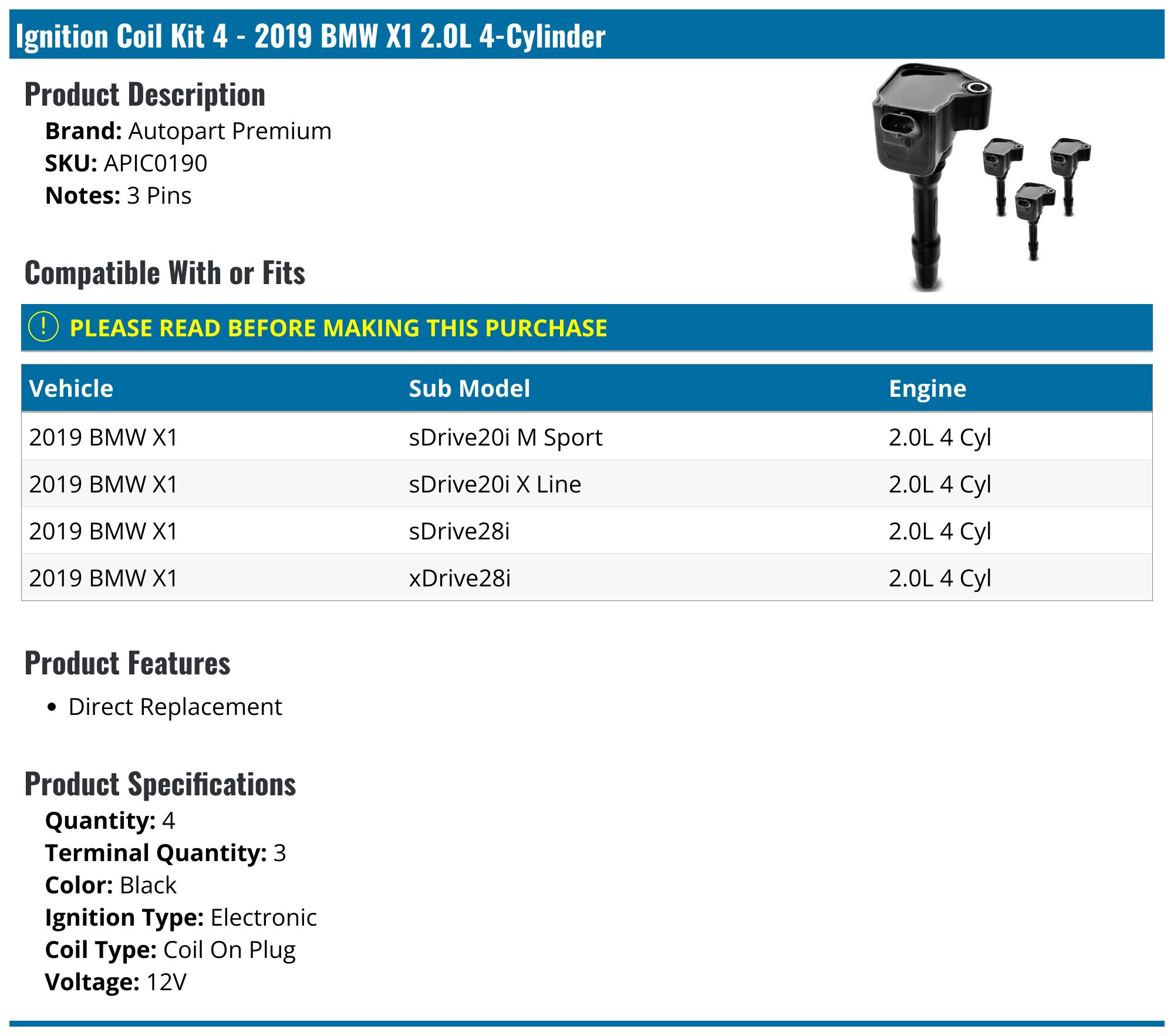 2019 BMW X1 Ignition Coil - Autopart Premium APIC0190 - PartsGeek.com