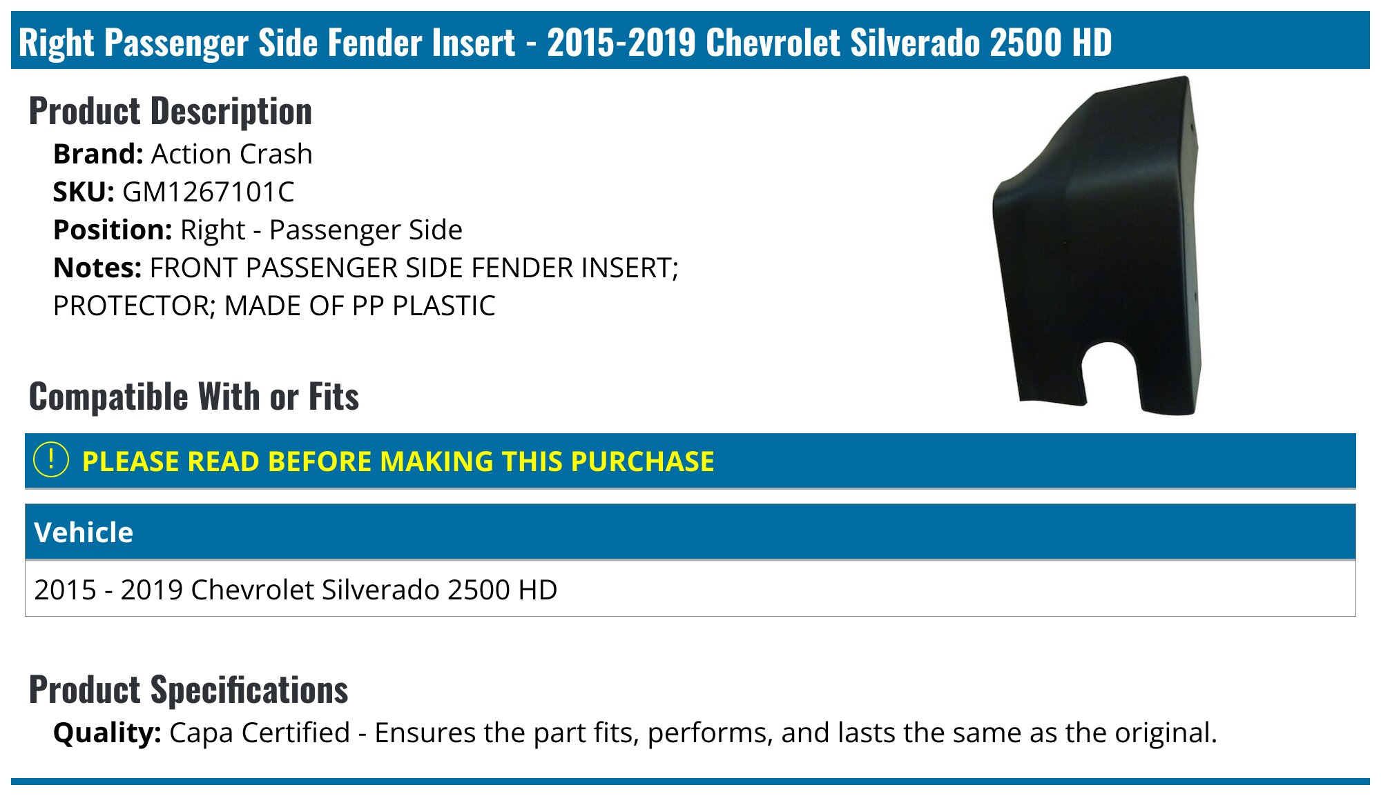 2015-2019 Chevrolet Silverado 2500 HD Fender Insert - Action Crash ...