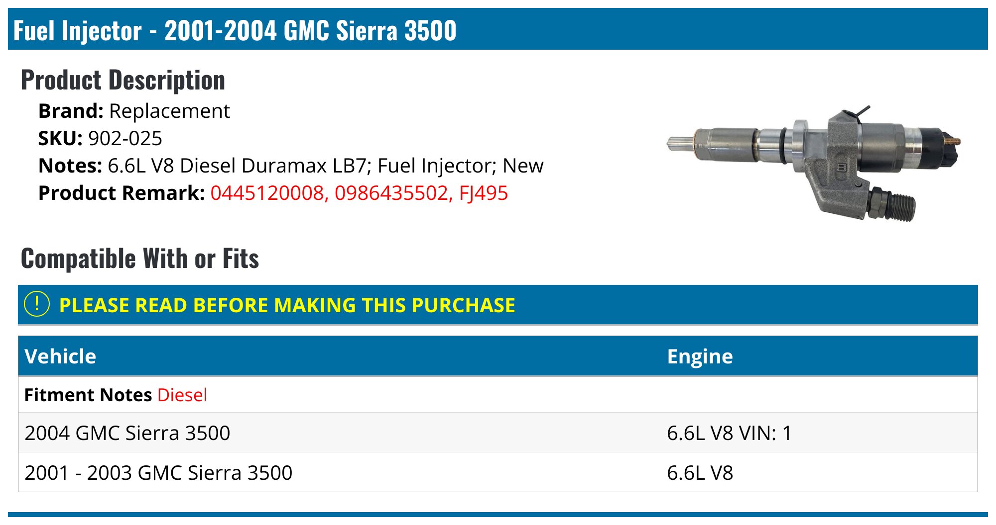 2001-2004 GMC Sierra 3500 Fuel Injector - Replacement 902-025 ...