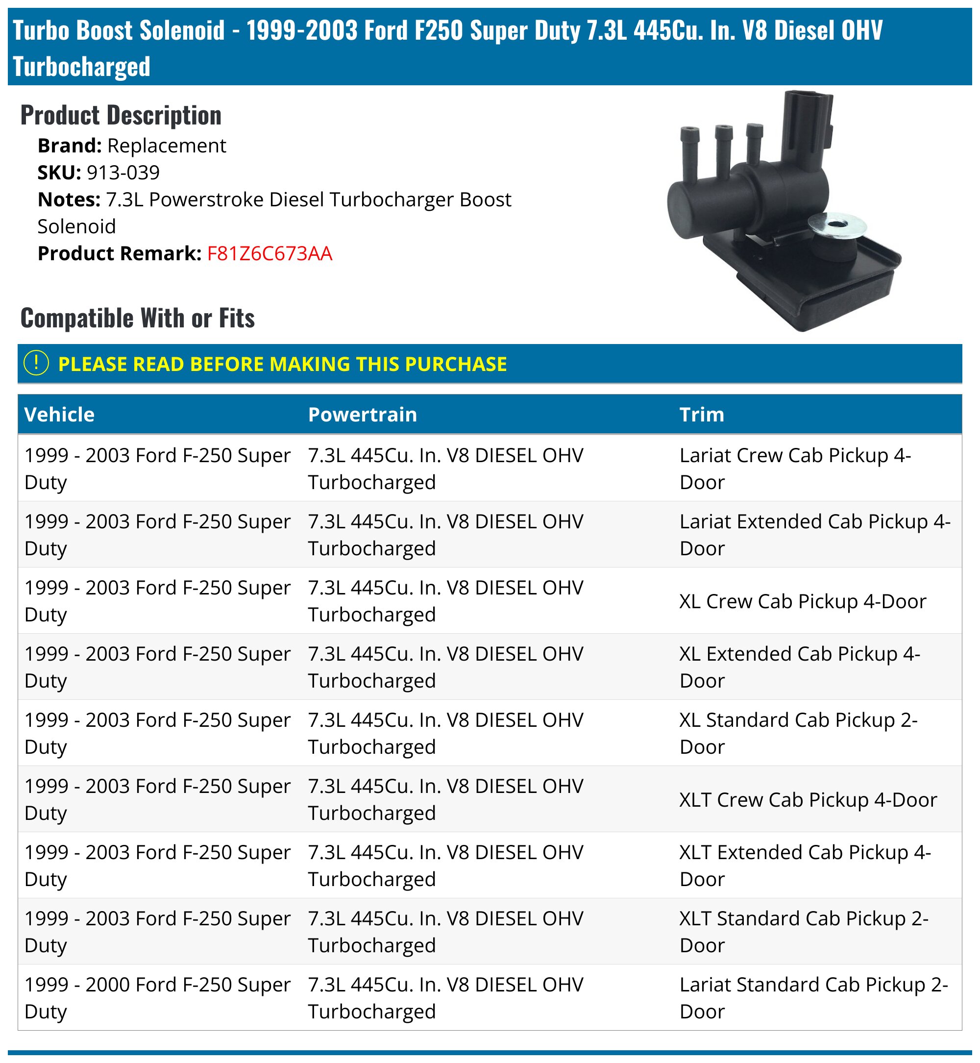 1999-2003 Ford F250 Super Duty Turbo Boost Solenoid - Replacement 913 ...