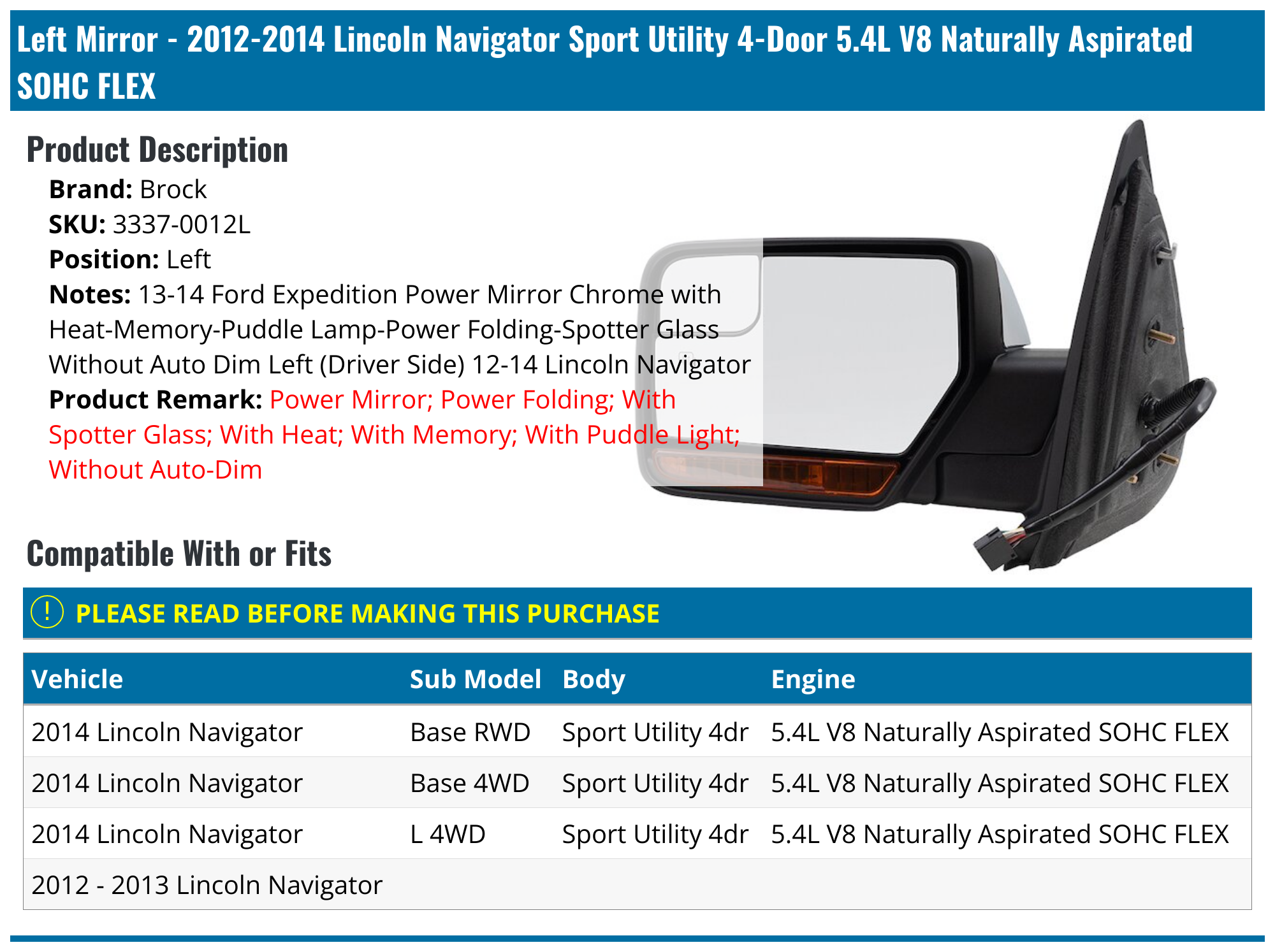 2012-2014 Lincoln Navigator Mirror - Brock 3337-0012L - Left ...