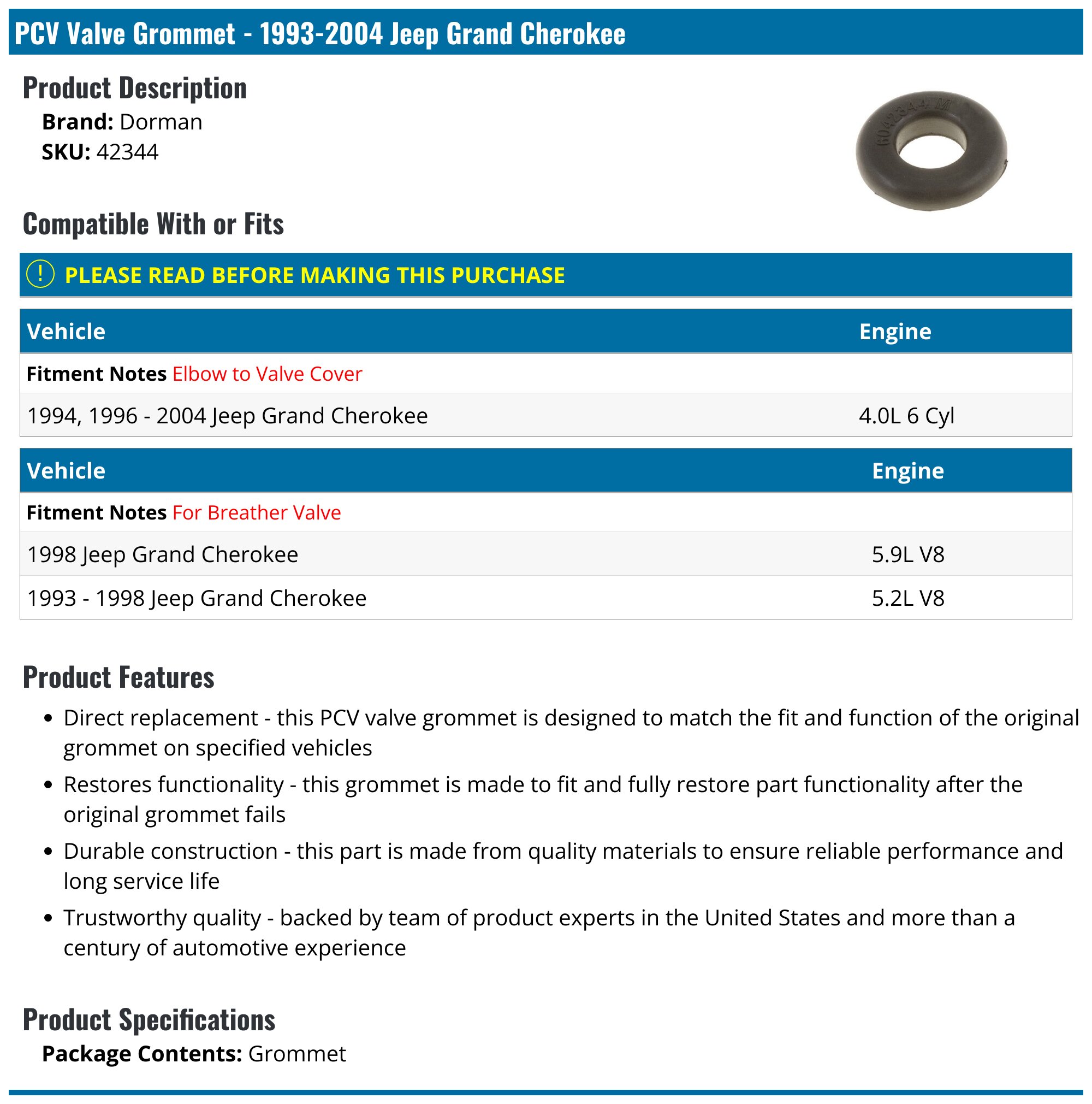 1993-2004 Jeep Grand Cherokee PCV Valve Grommet - Dorman 42344 ...