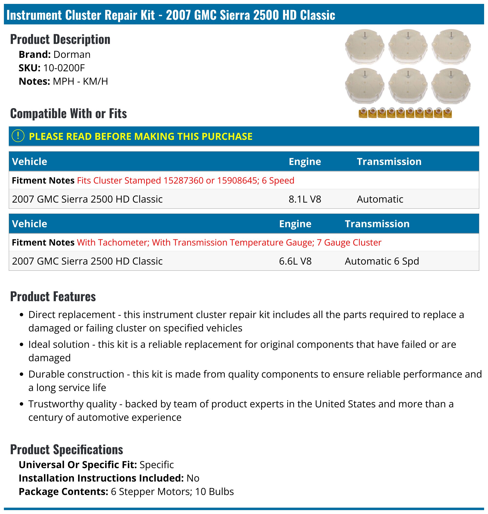 2007 GMC Sierra 2500 HD Classic Instrument Cluster Repair Kit - Dorman ...