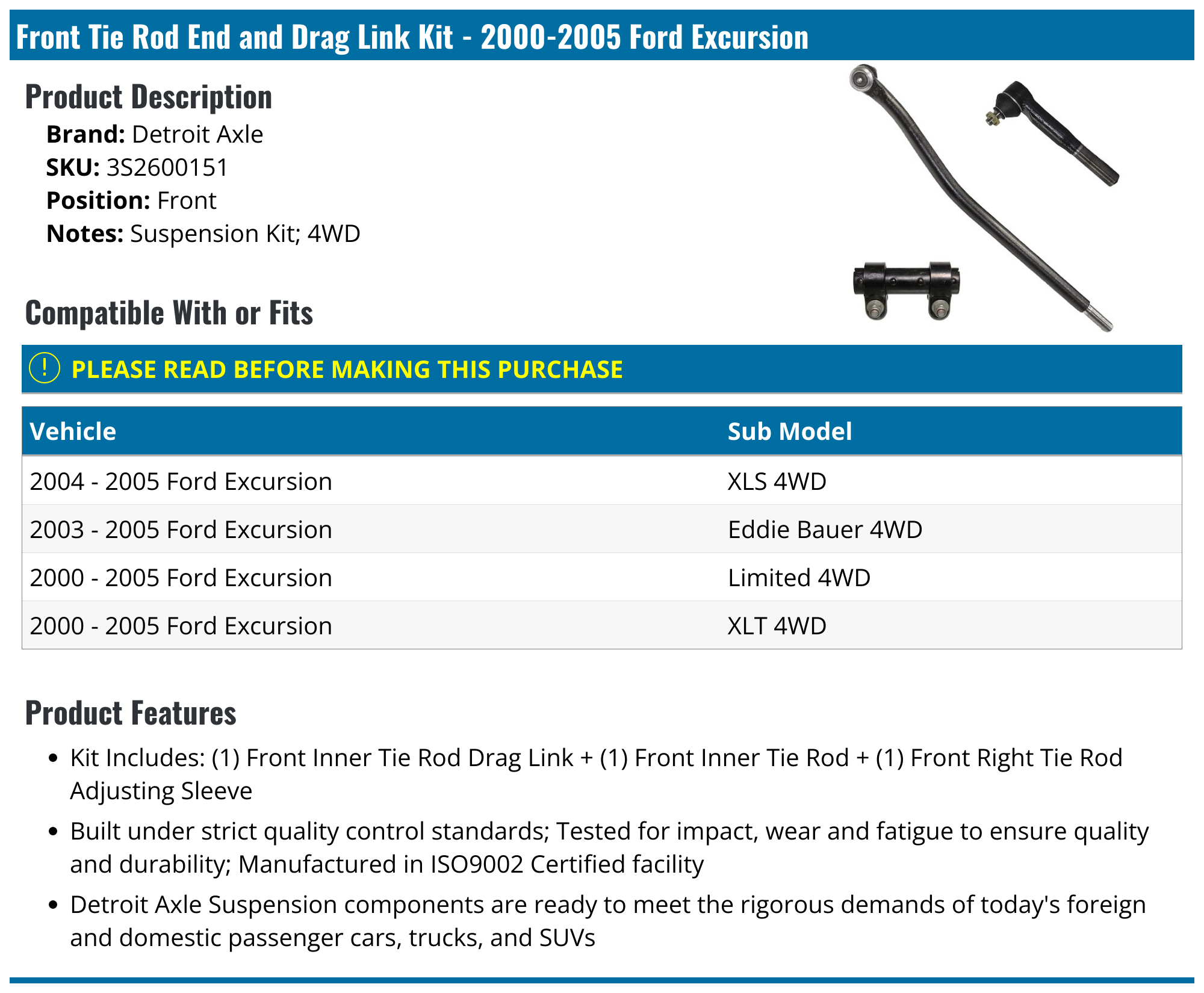 2000-2005 Ford Excursion Tie Rod End - Detroit Axle 3S2600151 - Front ...