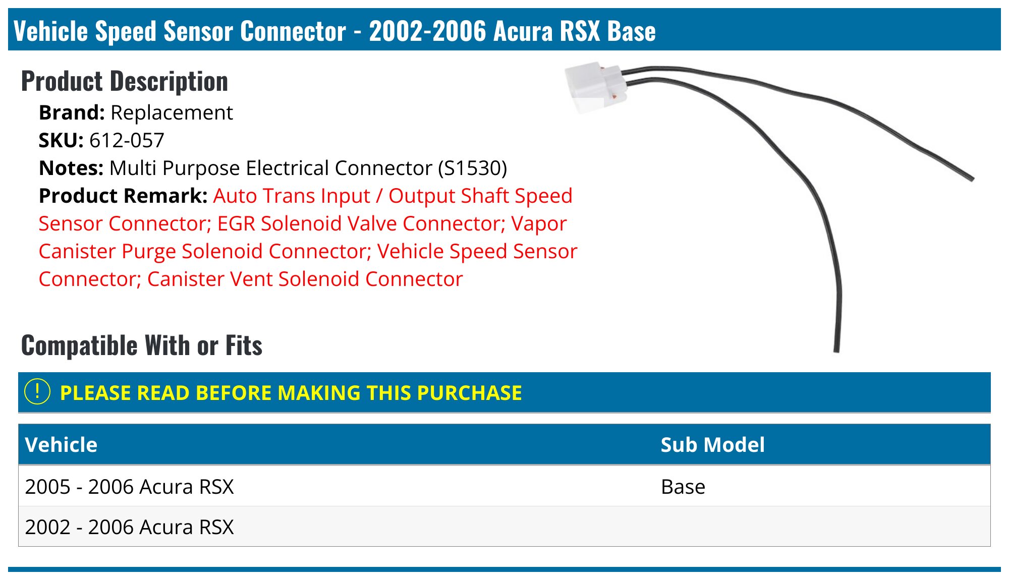 2002-2006 Acura RSX Vehicle Speed Sensor Connector - Replacement 612 ...