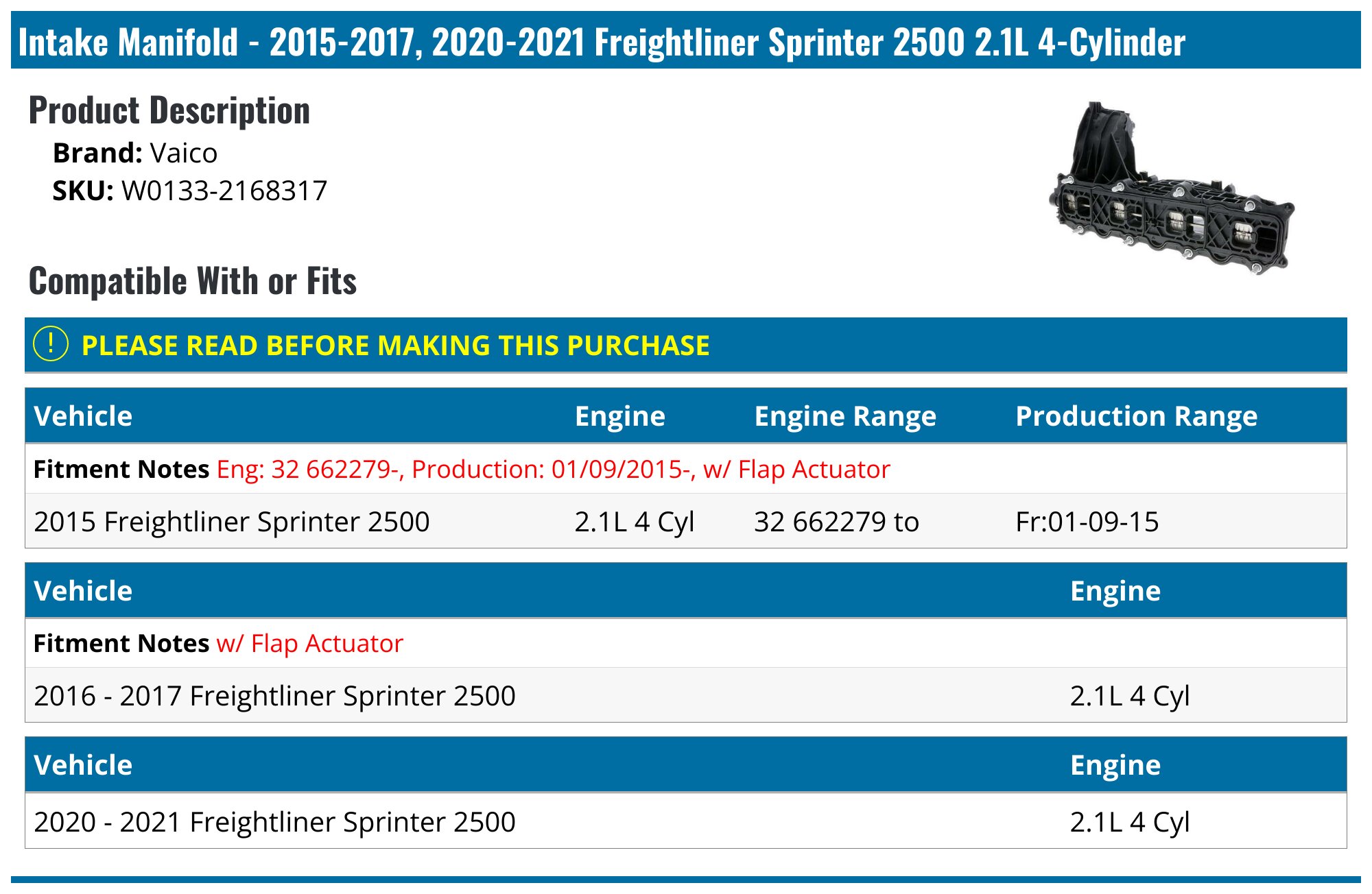 2015-2017, 2020-2021 Freightliner Sprinter 2500 Intake Manifold - Vaico ...