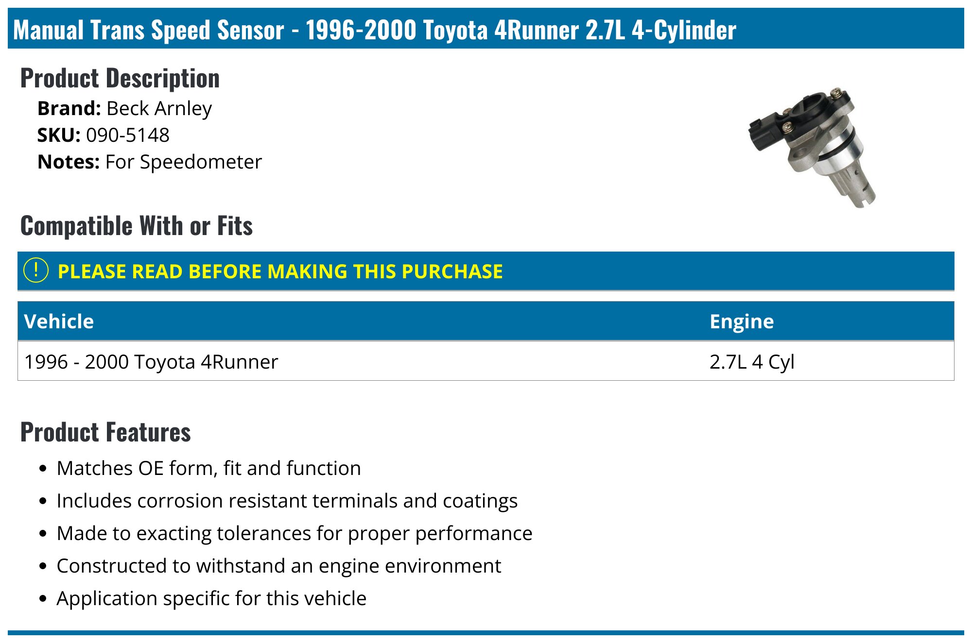 1996-2000 Toyota 4Runner Manual Trans Speed Sensor - Beck Arnley 090 ...