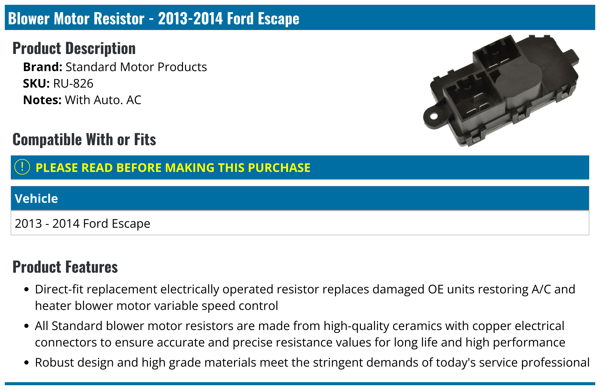 2013-2014 Ford Escape Blower Motor Resistor - Standard Motor Products ...