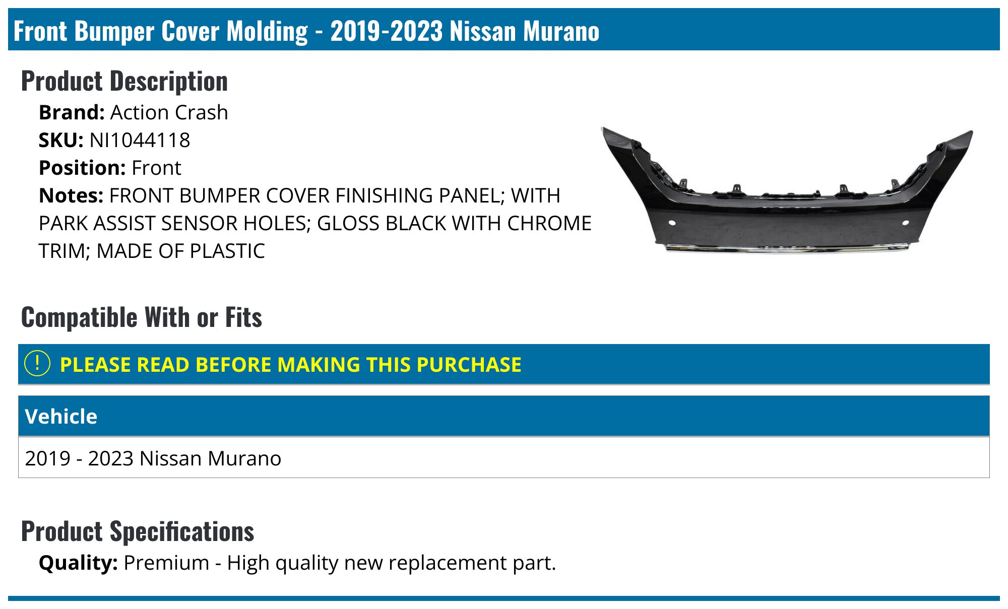 2019-2024 Nissan Murano Bumper Cover Molding - Action Crash NI1044118 ...