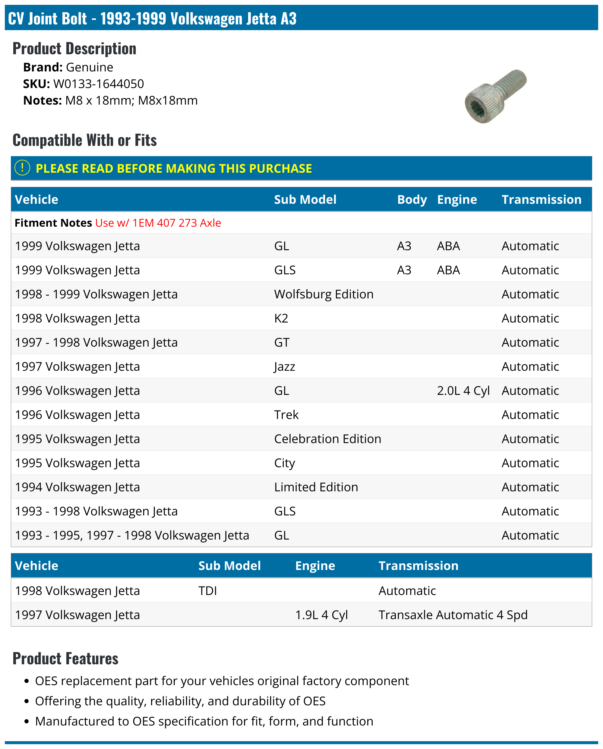 1993-1999 Volkswagen Jetta CV Joint Bolt - Genuine W0133-1644050 ...