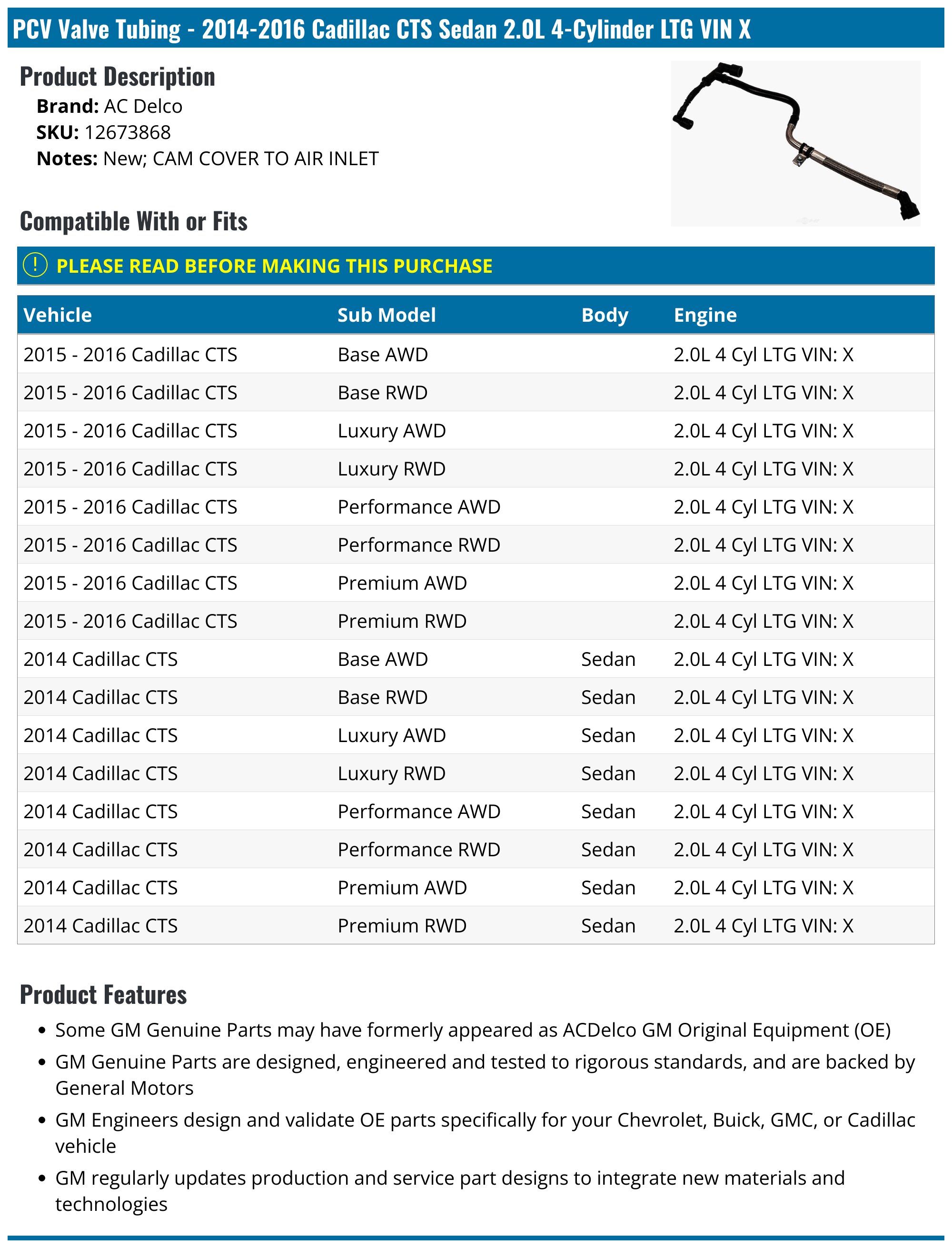 2014-2016 Cadillac CTS PCV Hose - AC Delco 12673868 - PartsGeek.com