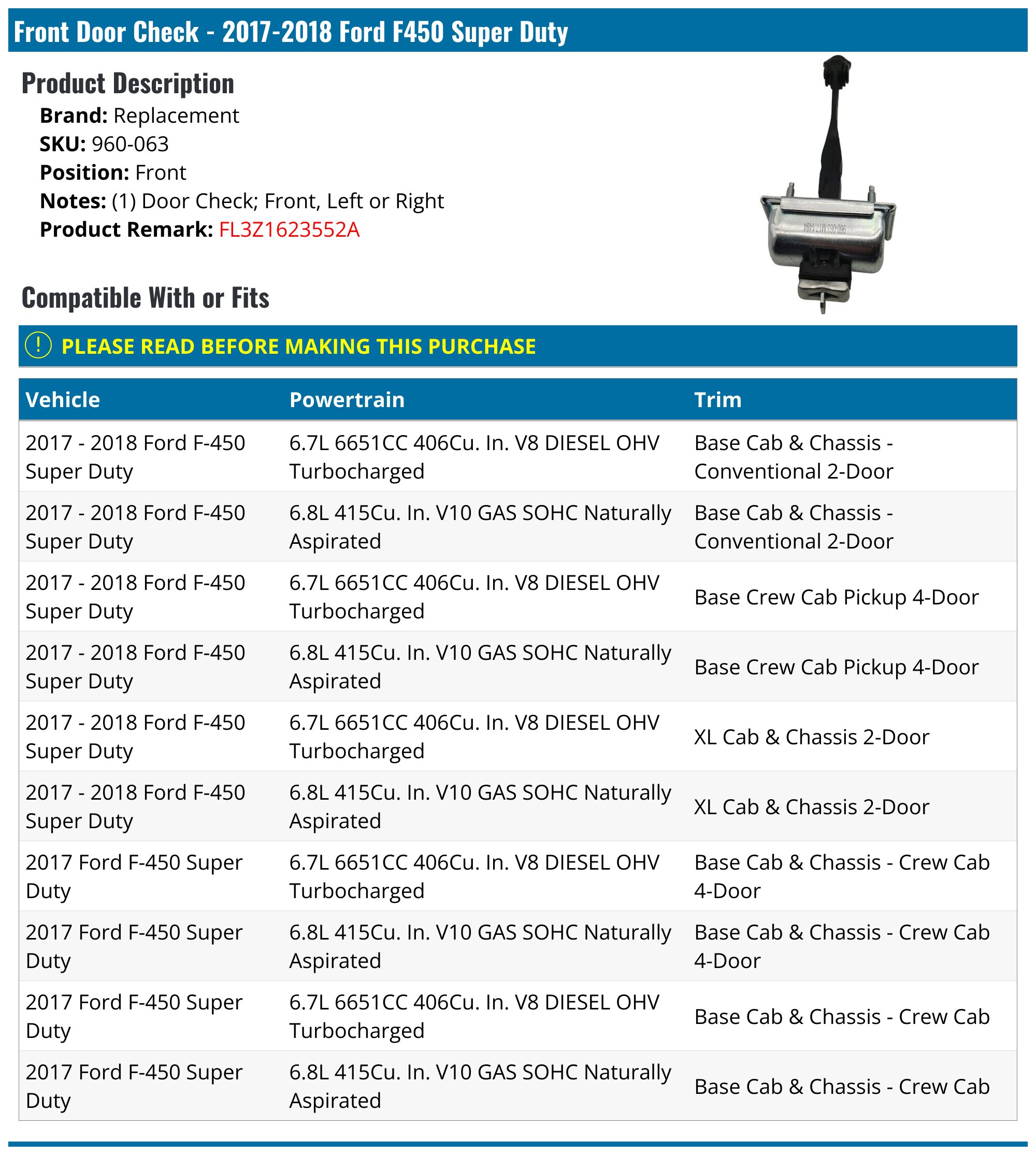 2017-2018 Ford F450 Super Duty Door Check - Replacement 960-063 - Front ...