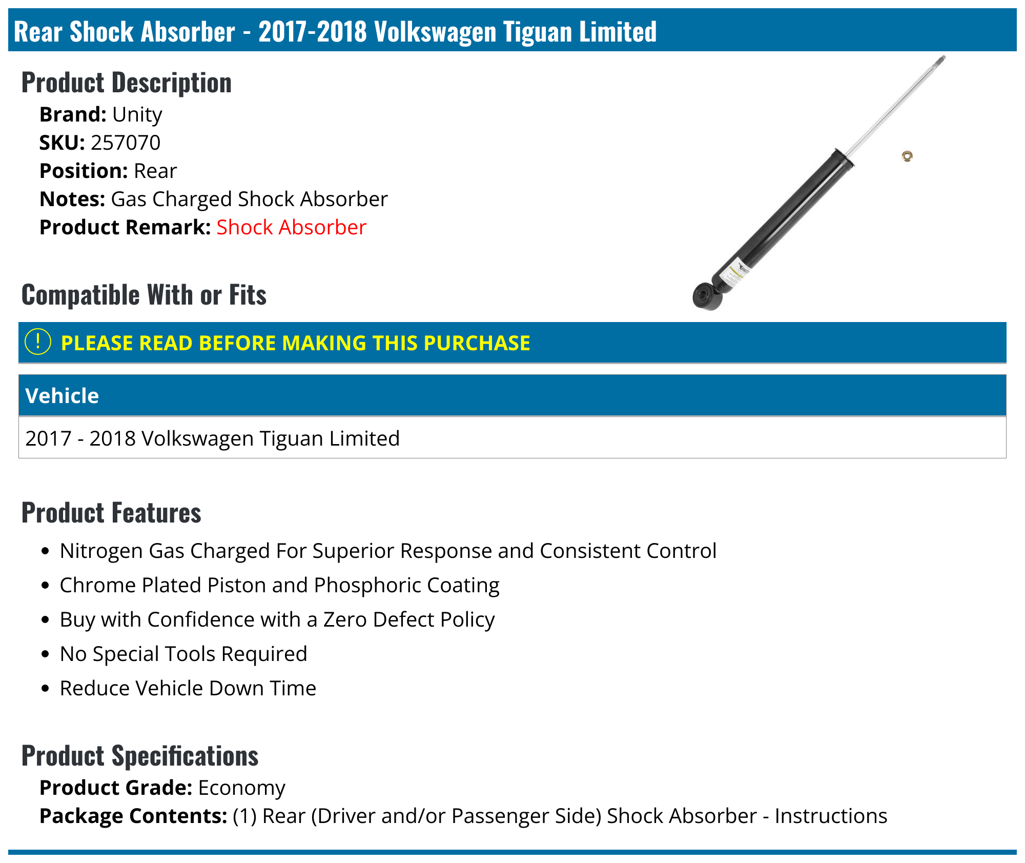 2017-2018 Volkswagen Tiguan Limited Shock Absorber - Unity 257070 ...