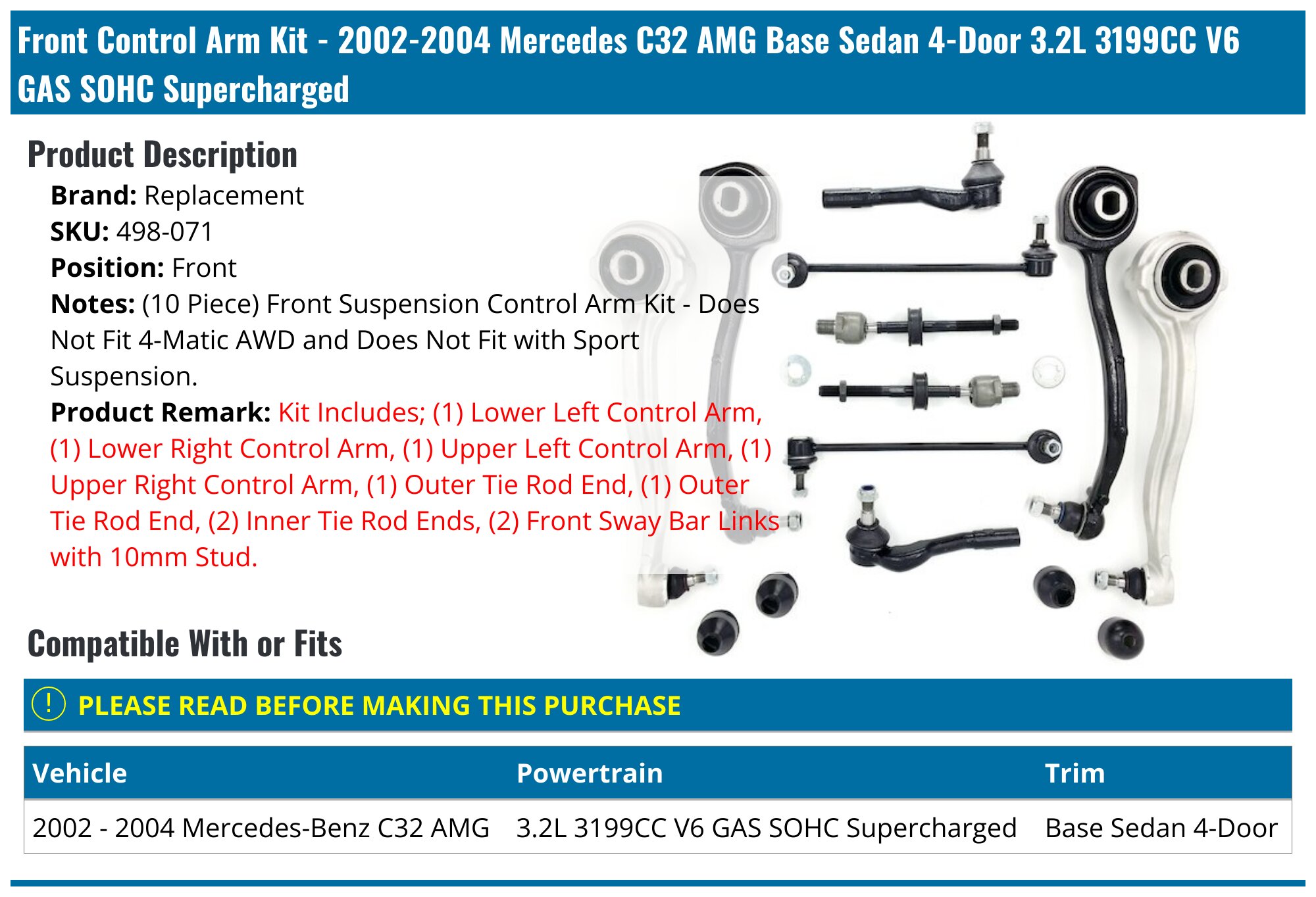 2002-2004 Mercedes C32 AMG Control Arm - Replacement 498-071 - Front ...