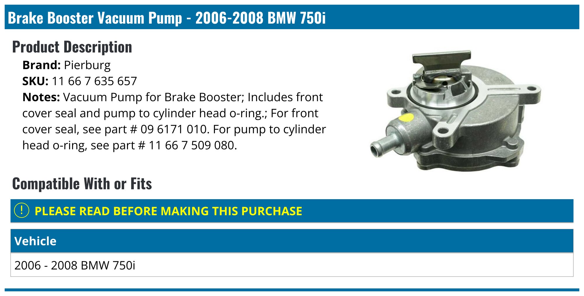 2006-2008 BMW 750i Power Brake Booster Vacuum Pump - Pierburg 11 66 7 635 657 - PartsGeek.com