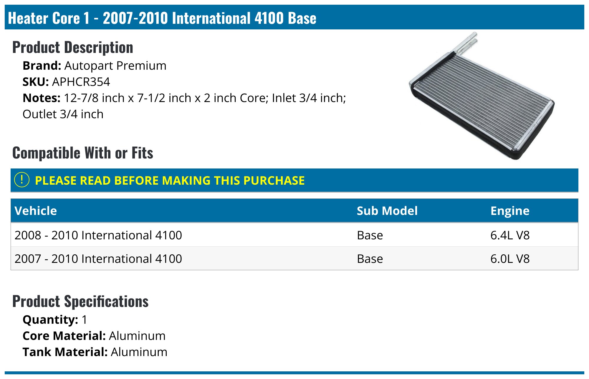 2007-2010 International 4100 Heater Core - Autopart Premium APHCR354 ...