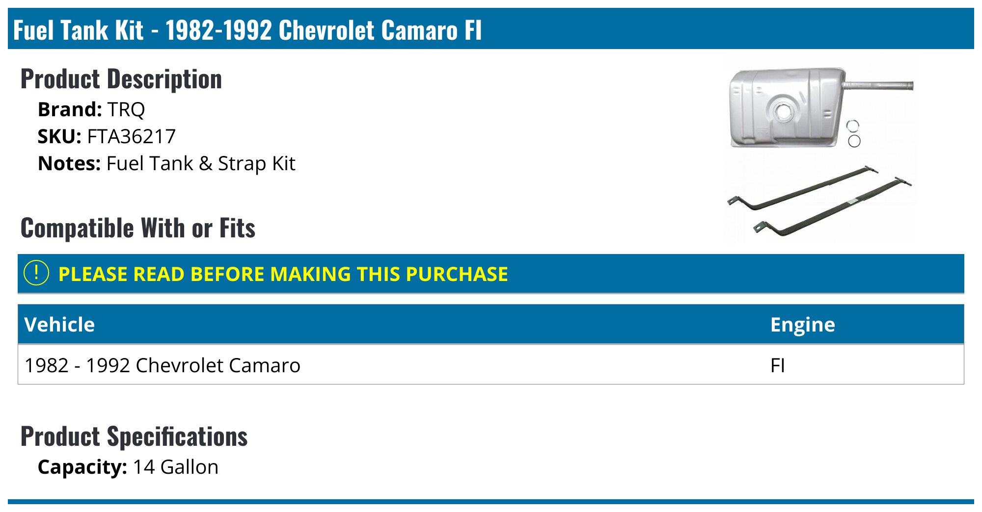 1982-1992 Chevrolet Camaro Fuel Tank - TRQ FTA36217 - PartsGeek.com