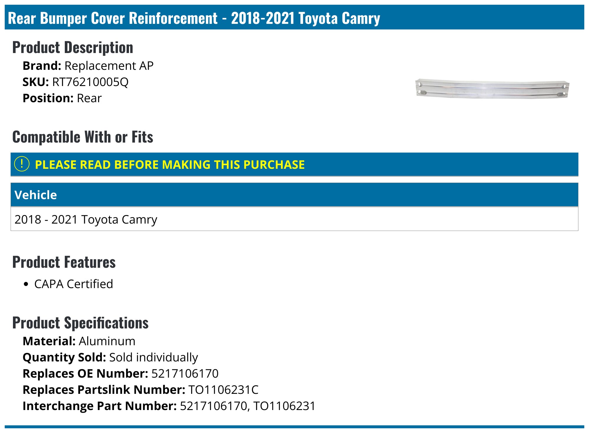 2018-2024 Toyota Camry Bumper Reinforcement - Replacement AP ...