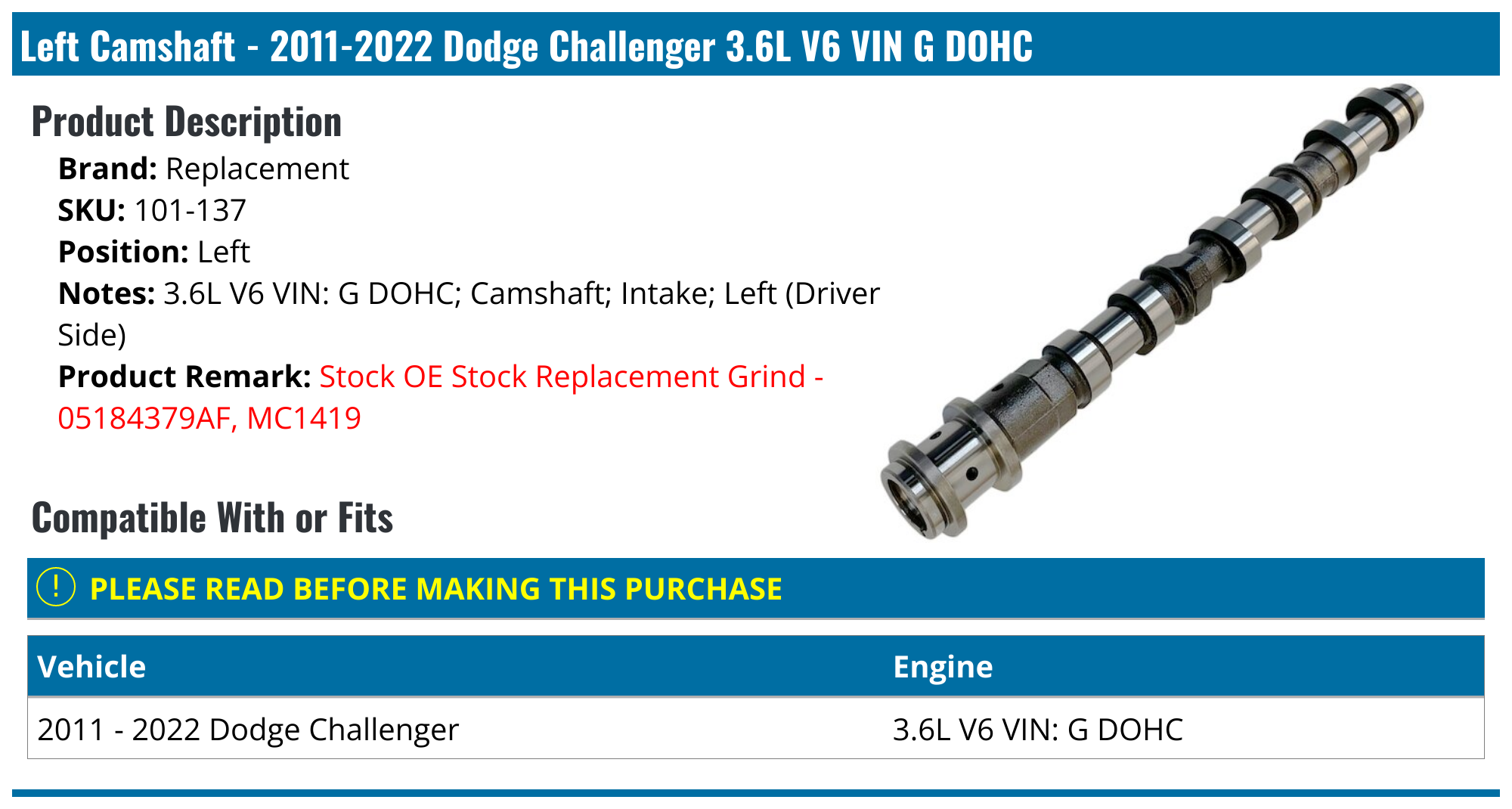 2011-2023 Dodge Challenger Camshaft - Replacement 101-137 - Left ...