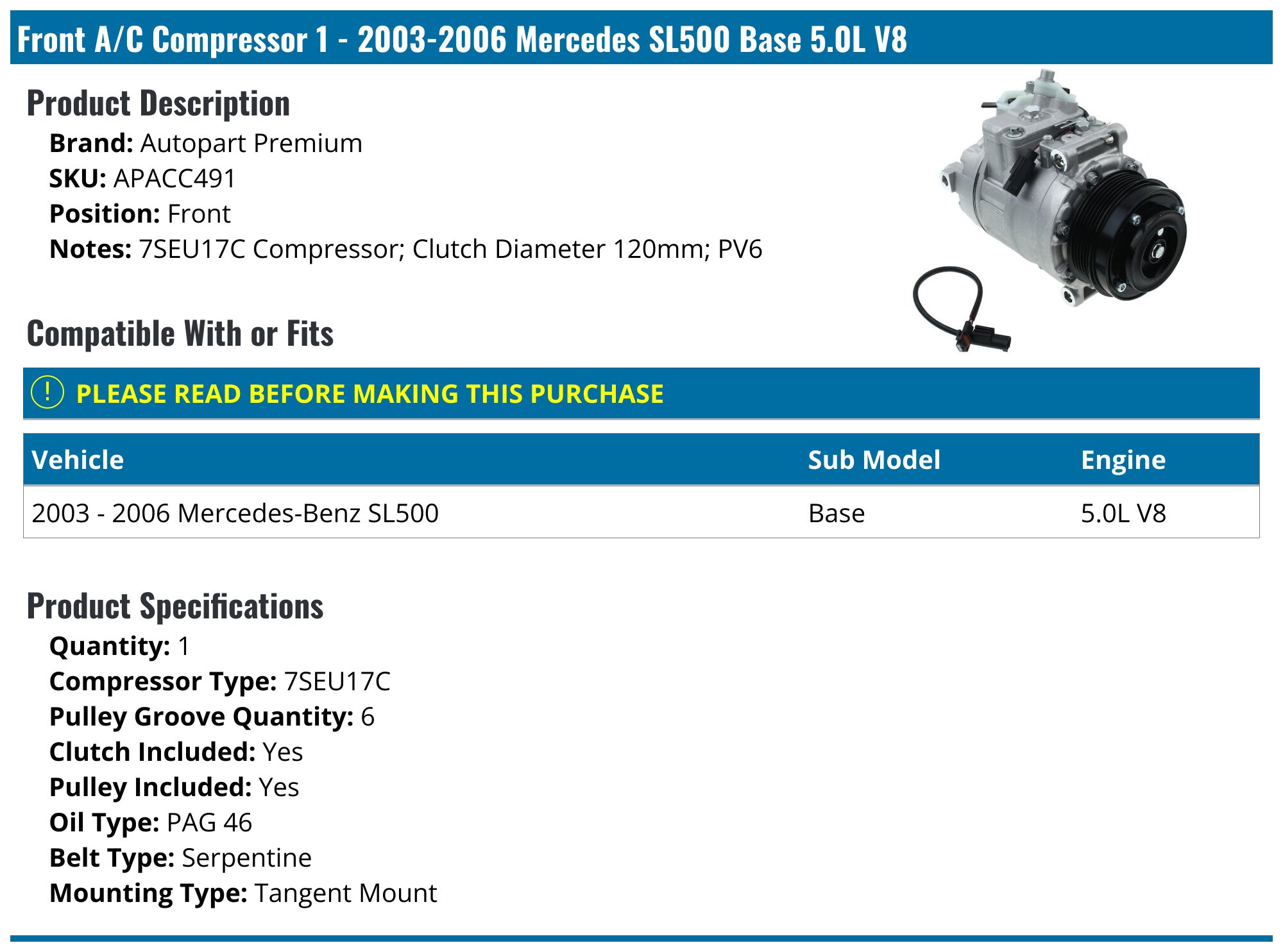 2003-2006 Mercedes SL500 A/C Compressor - Autopart Premium APACC491 ...