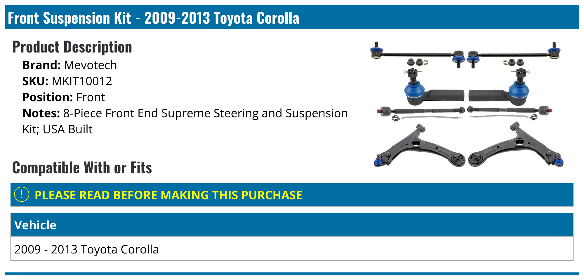 2009-2013 Toyota Corolla Suspension Kit - Mevotech MKIT10012 - Front ...
