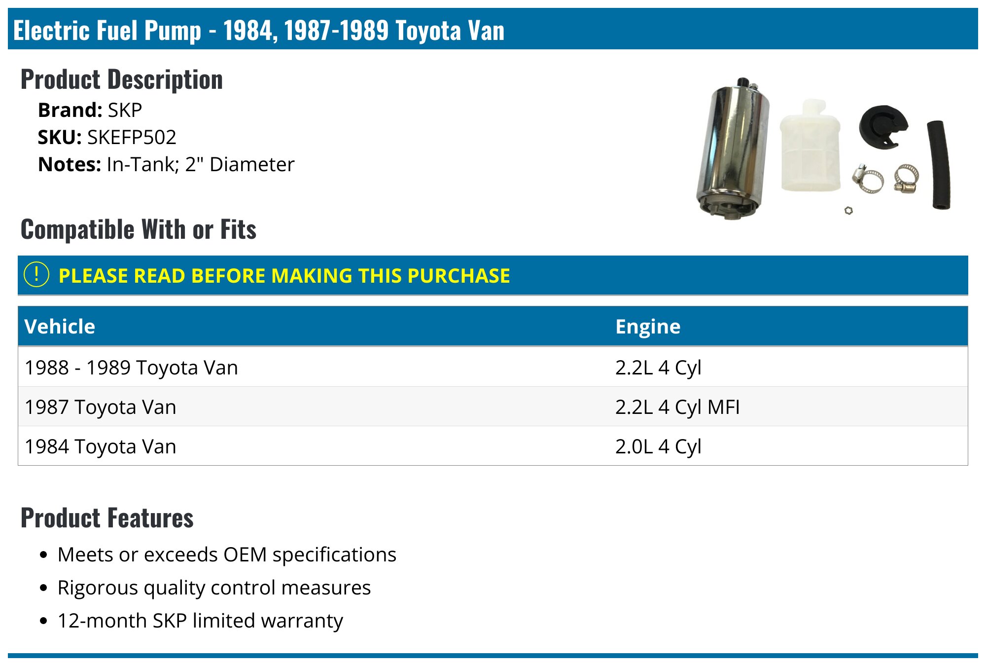 1984, 1987-1989 Toyota Van Fuel Pump - SKP SKEFP502 - PartsGeek.com