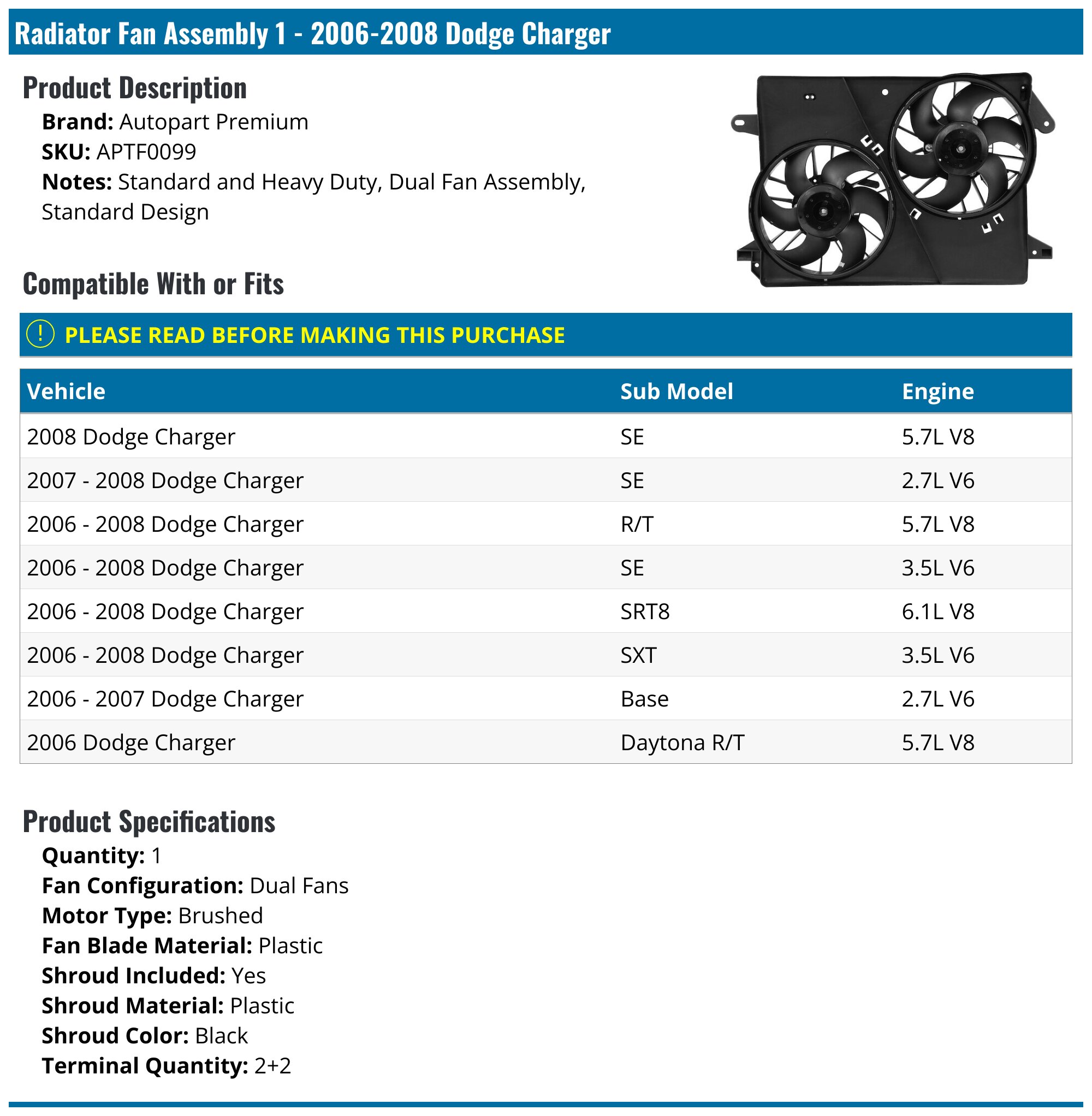 2006-2008 Dodge Charger Radiator Fan Assembly - Autopart Premium ...