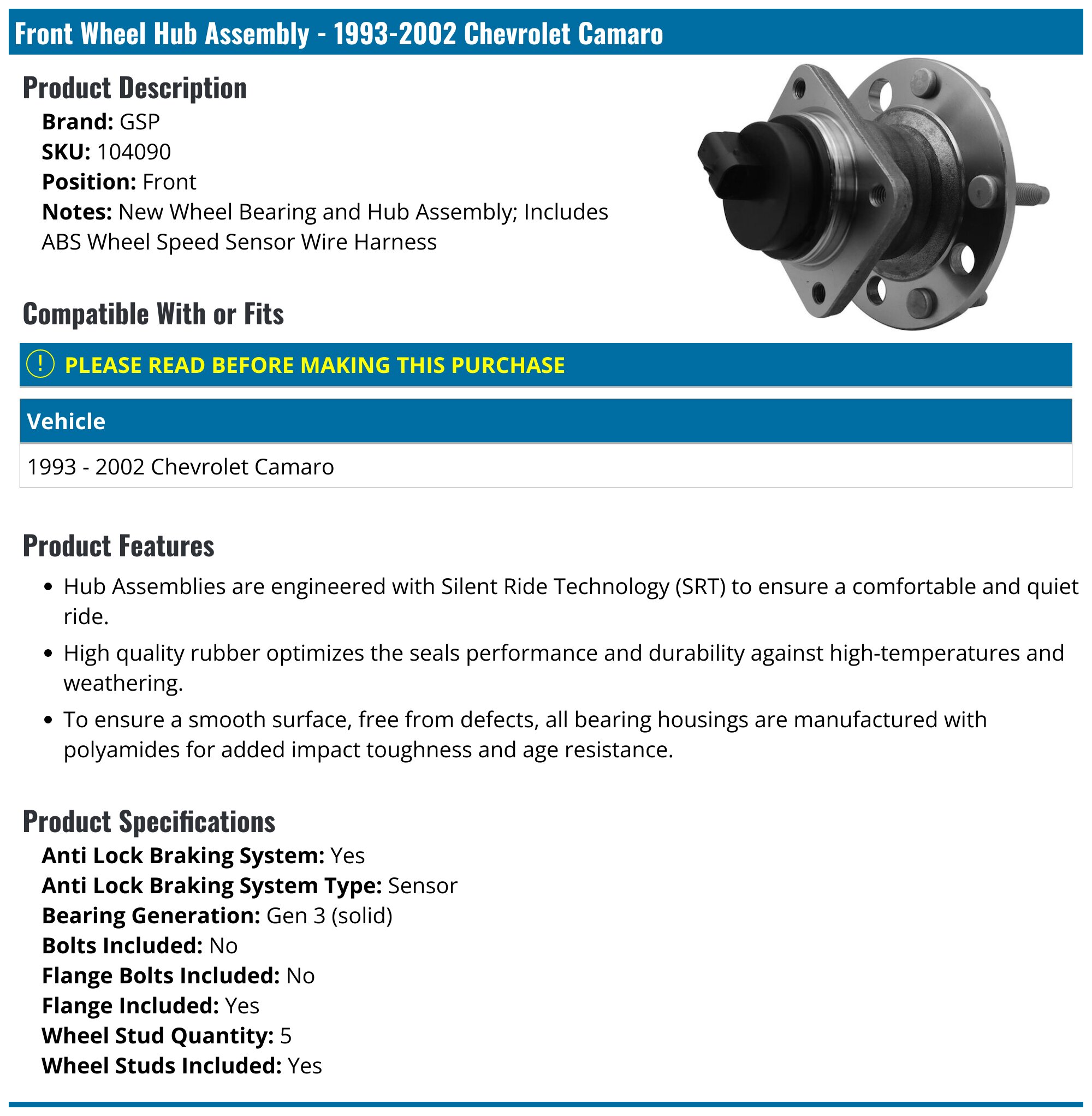 1993-2002 Chevrolet Camaro Wheel Hub Assembly - GSP 104090 - Front ...