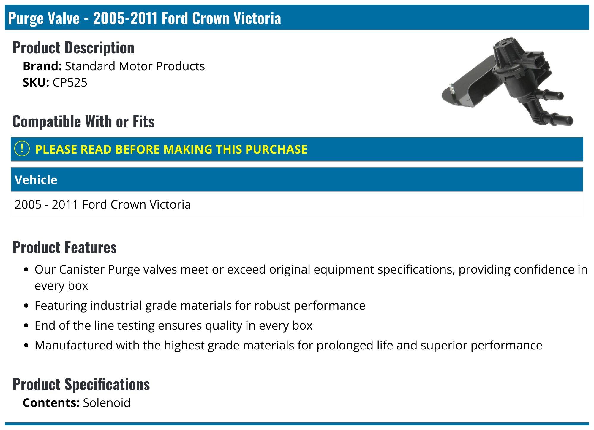 2005-2011 Ford Crown Victoria Purge Valve - Standard Motor Products ...